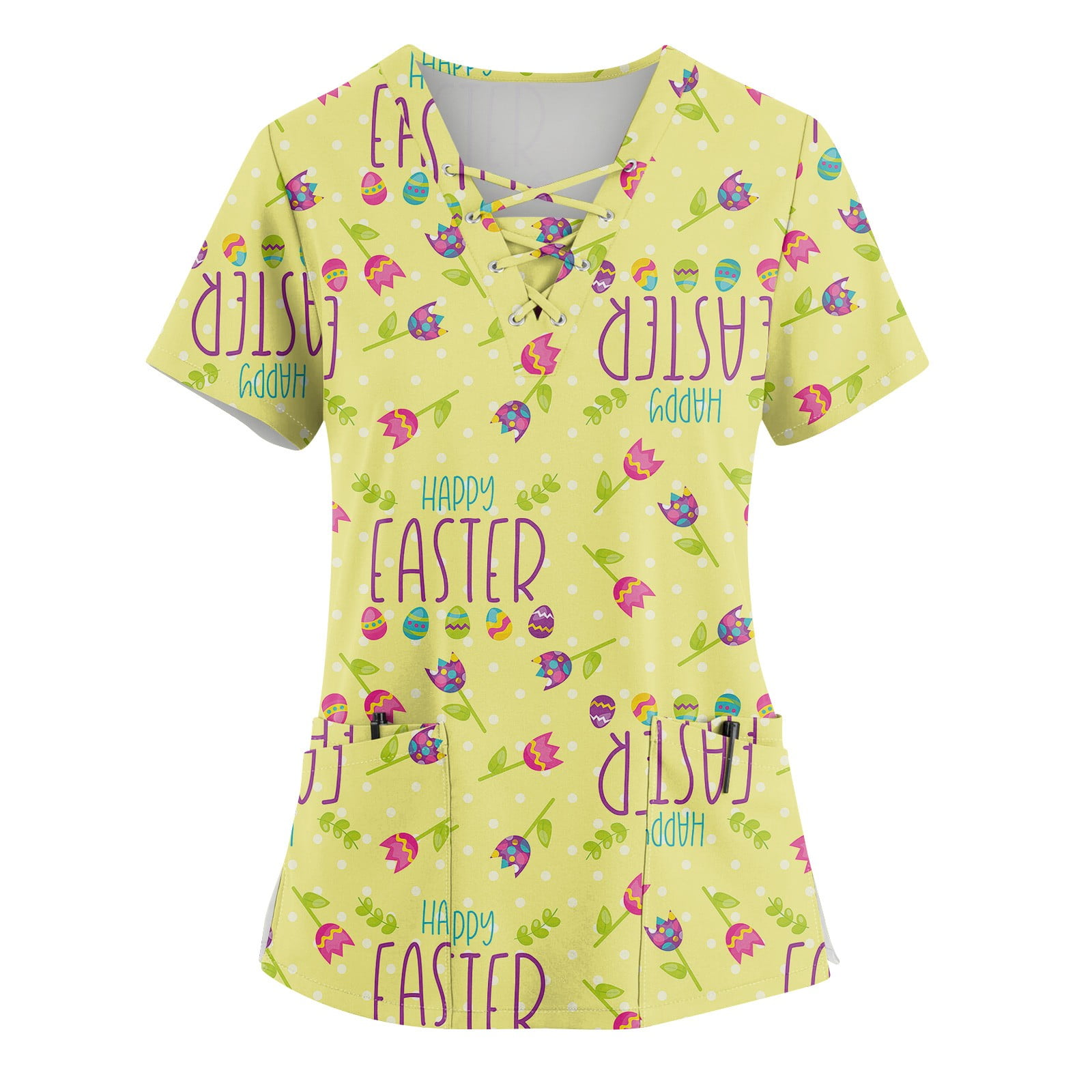 Biziza Easter 2025 Scrub Tops for Women Bunny Blue Nurse Uniform V Neck ...