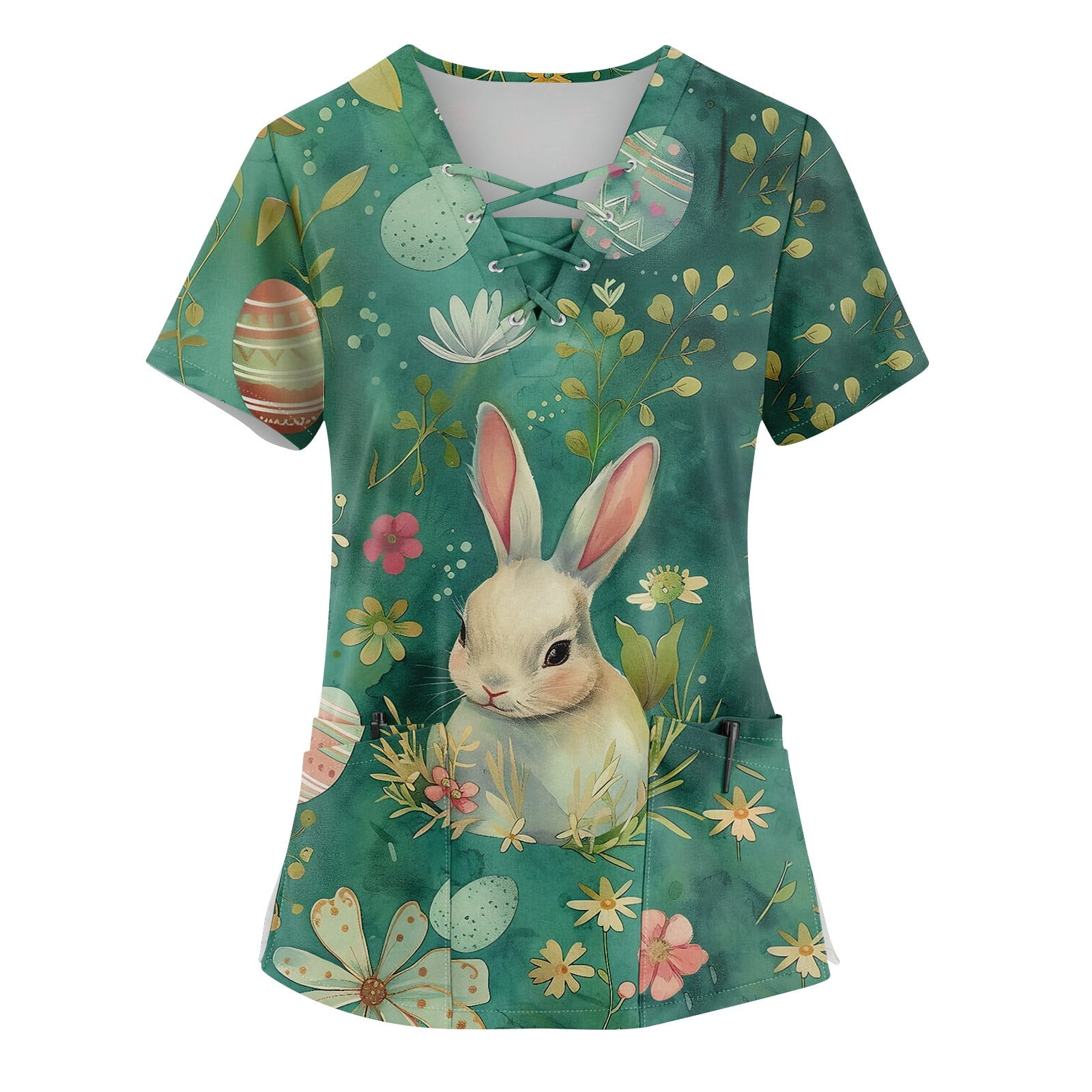 Biziza Easter 2025 Scrub Tops for Women Bunny Blue Nurse Uniform V Neck ...