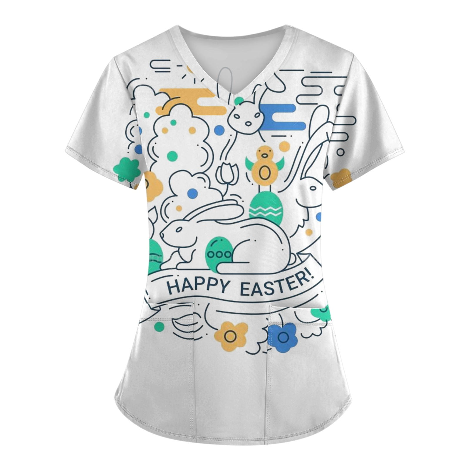 Biziza Easter Scrub Tops for Women Blue Stretch Polyester Bunny Nurse ...