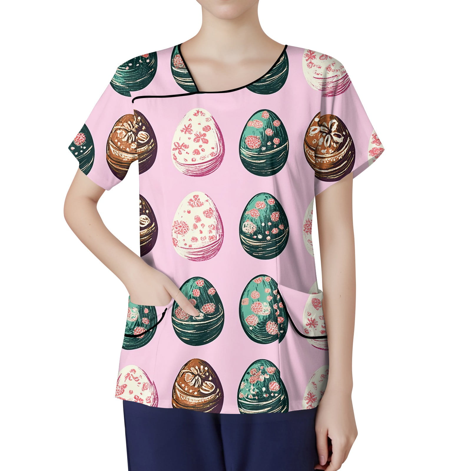 Biziza Easter Scrub Tops for Women Pink Bunny Nurse Uniform Short ...