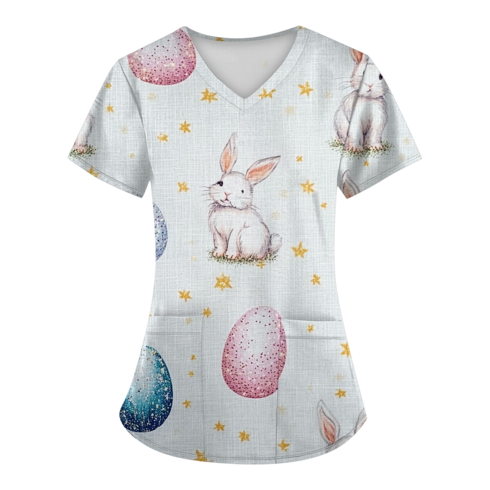 Biziza Easter Scrub Tops for Women Stretch Polyester Blue Bunny Nurse ...