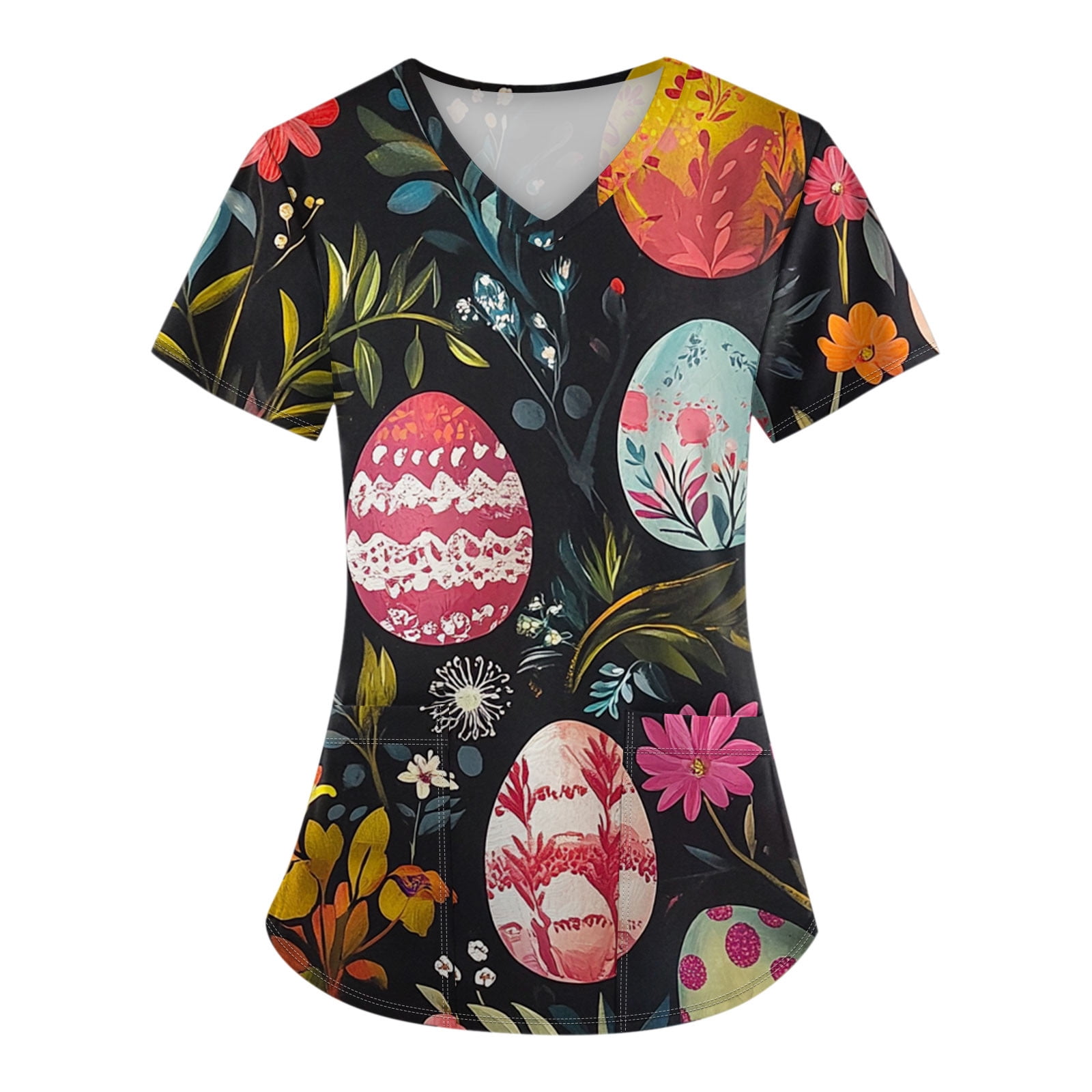 Biziza Easter Scrub Tops for Women Stretch Polyester Multi-color Bunny ...