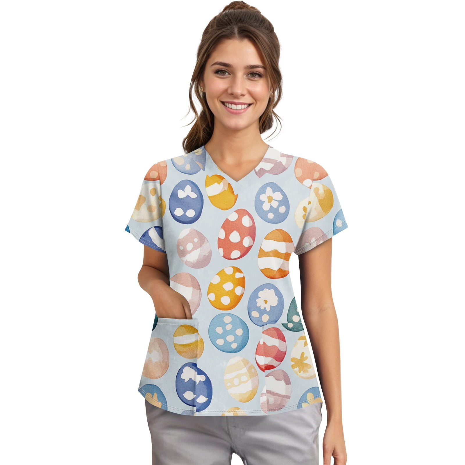 Biziza Easter Scrub Tops for Women Blue Bunny Nurse Uniform V Neck ...
