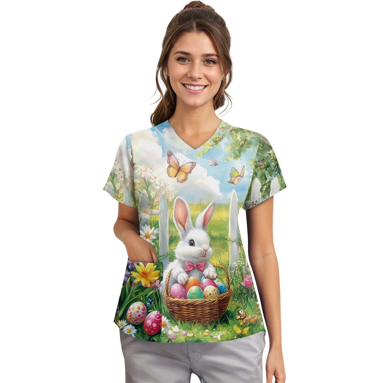 Biziza Easter Scrub Tops for Women Bunny Blue Nurse Uniform V Neck ...