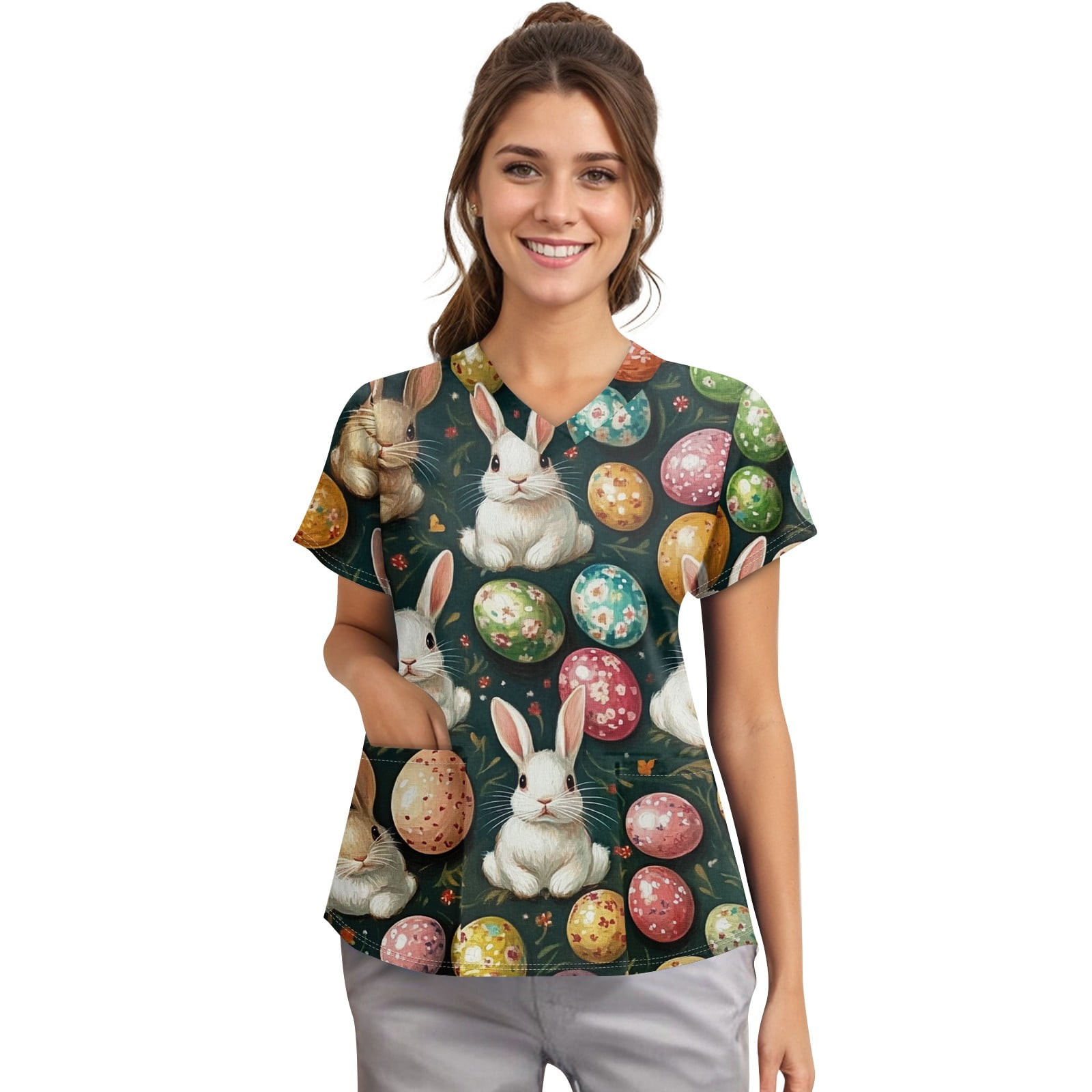 Biziza Easter Scrub Tops for Women Bunny Green Nurse Uniform V Neck ...