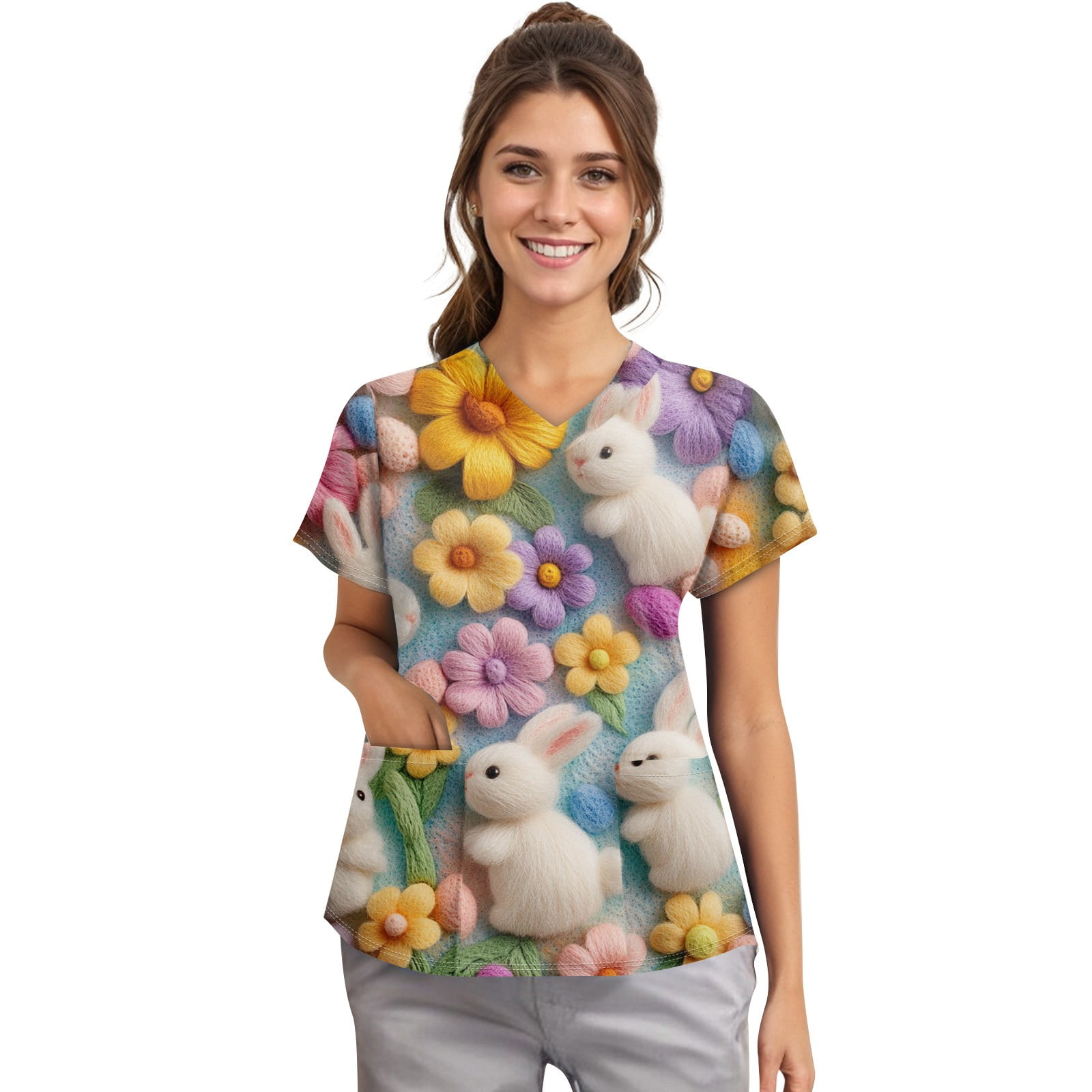 Biziza Easter Scrub Tops for Women Bunny Purple Nurse Uniform V Neck ...