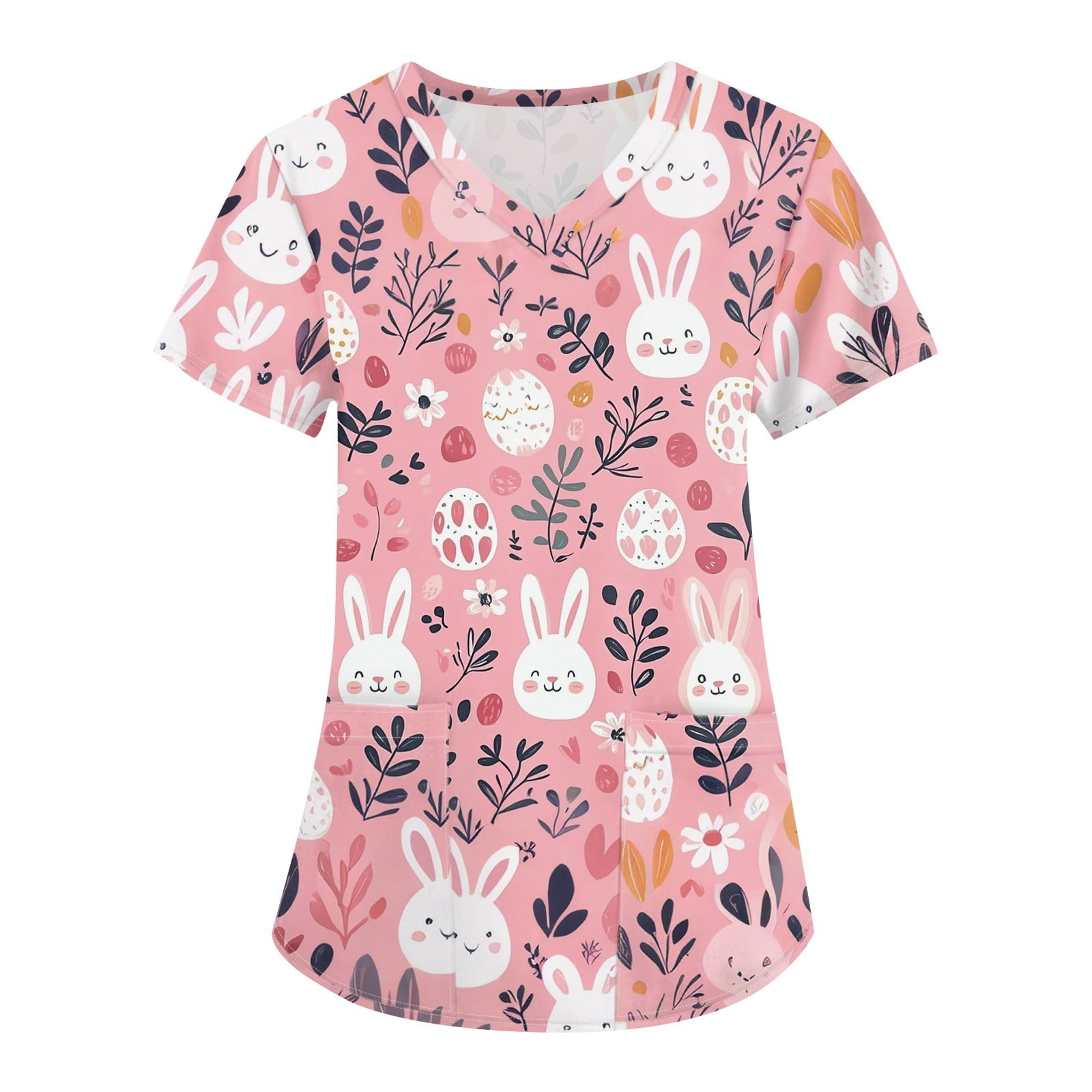 Biziza Easter Scrub Tops for Women Pink Bunny Nurse Uniform V Neck ...