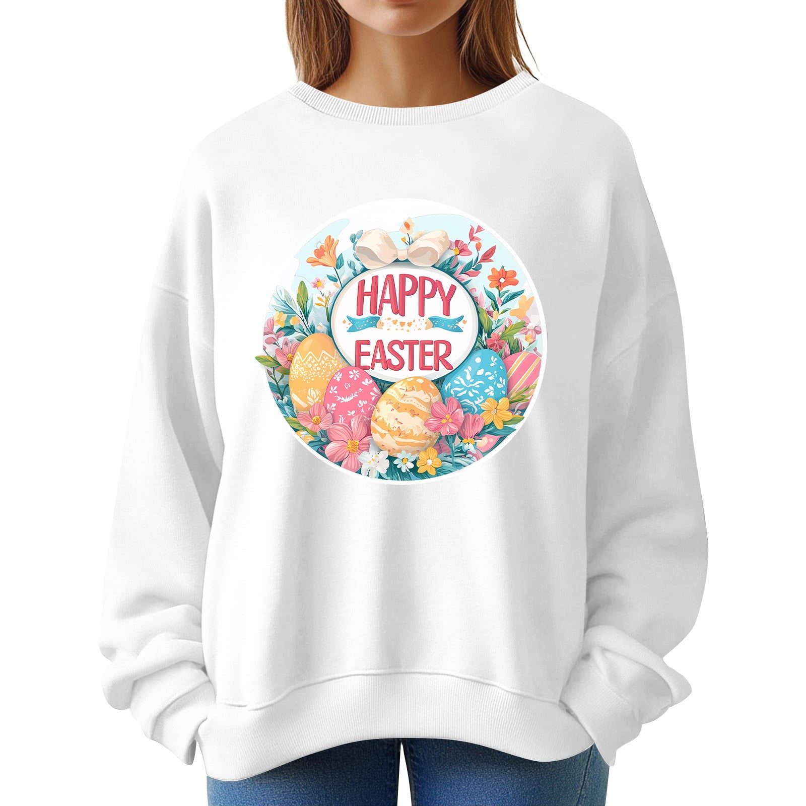Biziza Easter Sweatshirts for Women Oversized Loose White Spring Fleece ...
