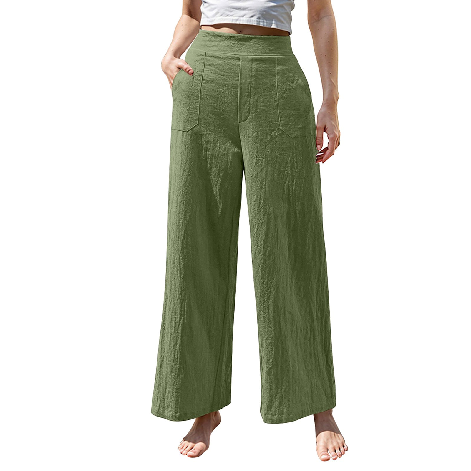 Biziza Green Wide Leg Pants for Women Wide Leg Beach Summer Flowy 2025 ...