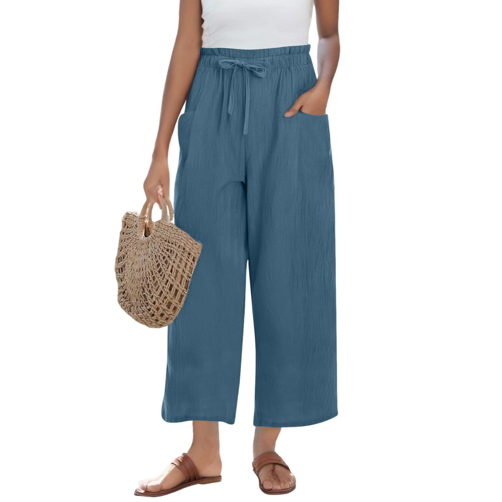 Biziza High Waisted Linen Capri Pants for Blue Women Trendy Lace 2025 ...