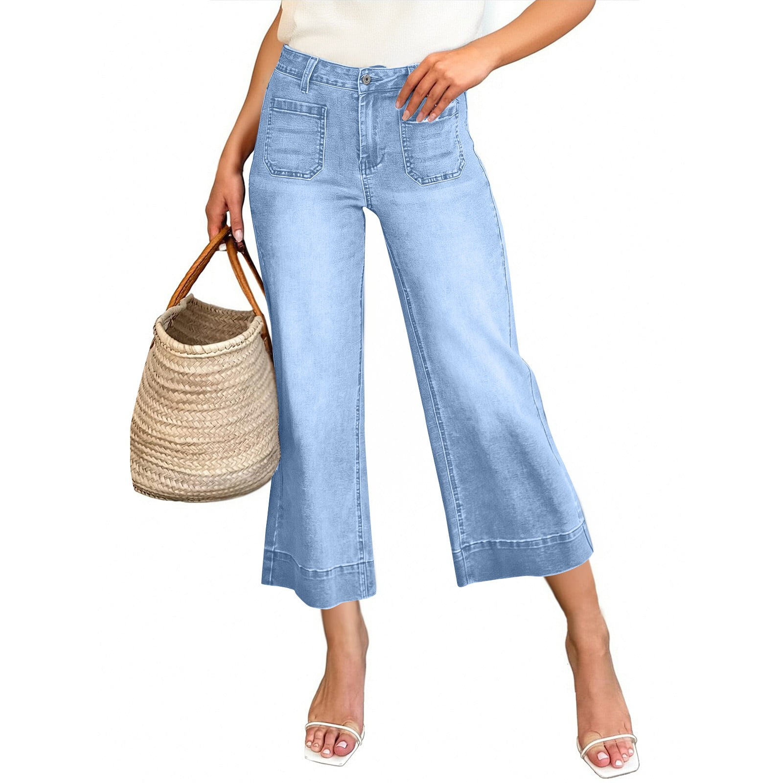 Biziza Jeans for Women Denim 2025 Capri Pants Casual Straight Leg Wide ...