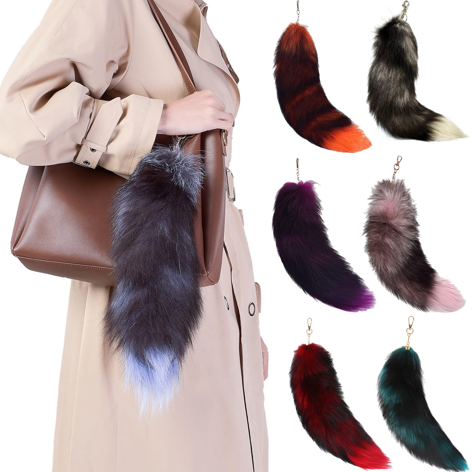 Biziza Keychain Backpack Fox Tail 15.75inch Animal Tail Shaggy Faux Fur ...
