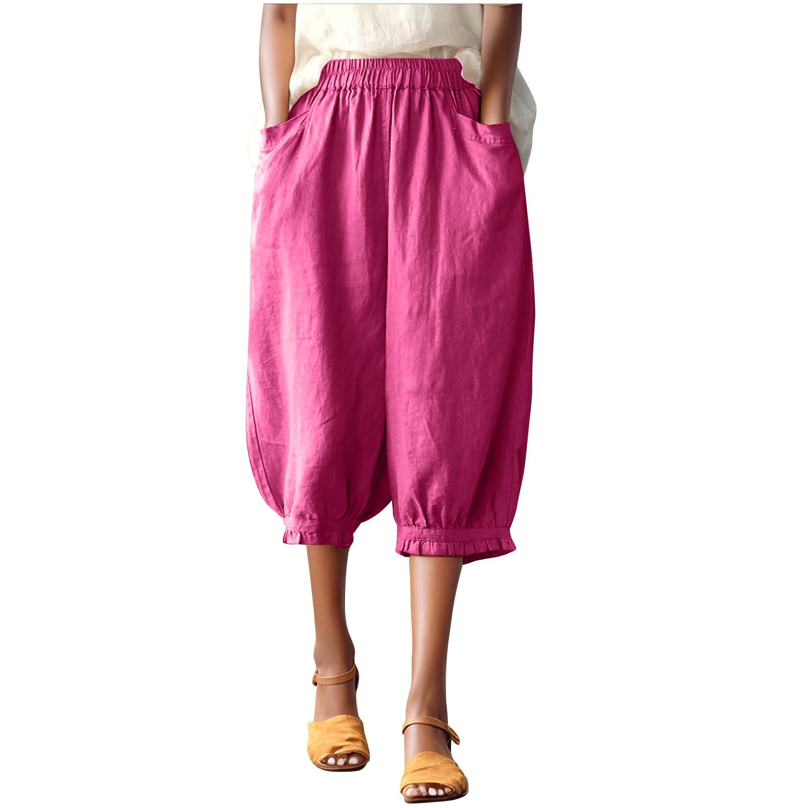 Biziza Lace Linen Capri Pants for Women 2025 Cotton Linen Loose Basic ...