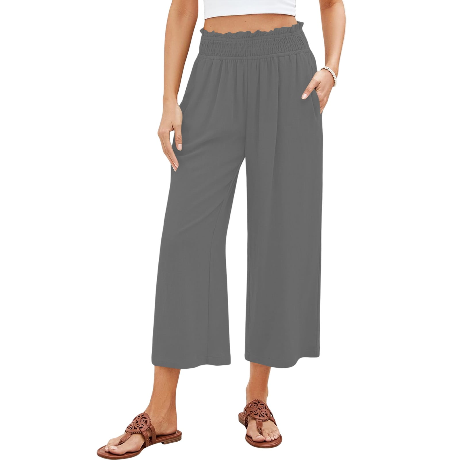 Biziza Linen Capri Pants for Women 2025 Wide Leg Basic Loose Cropped ...