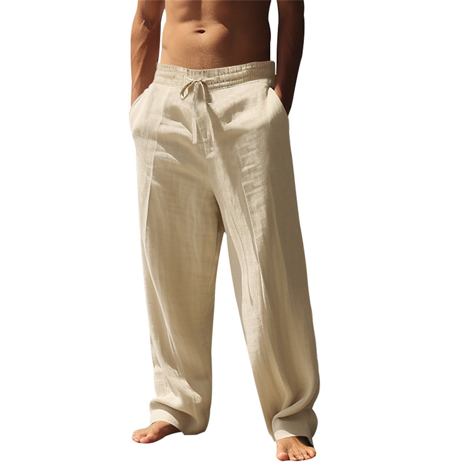 Biziza Linen Pants for Men 2025 Summer Beige Beach Loose Straight Leg ...