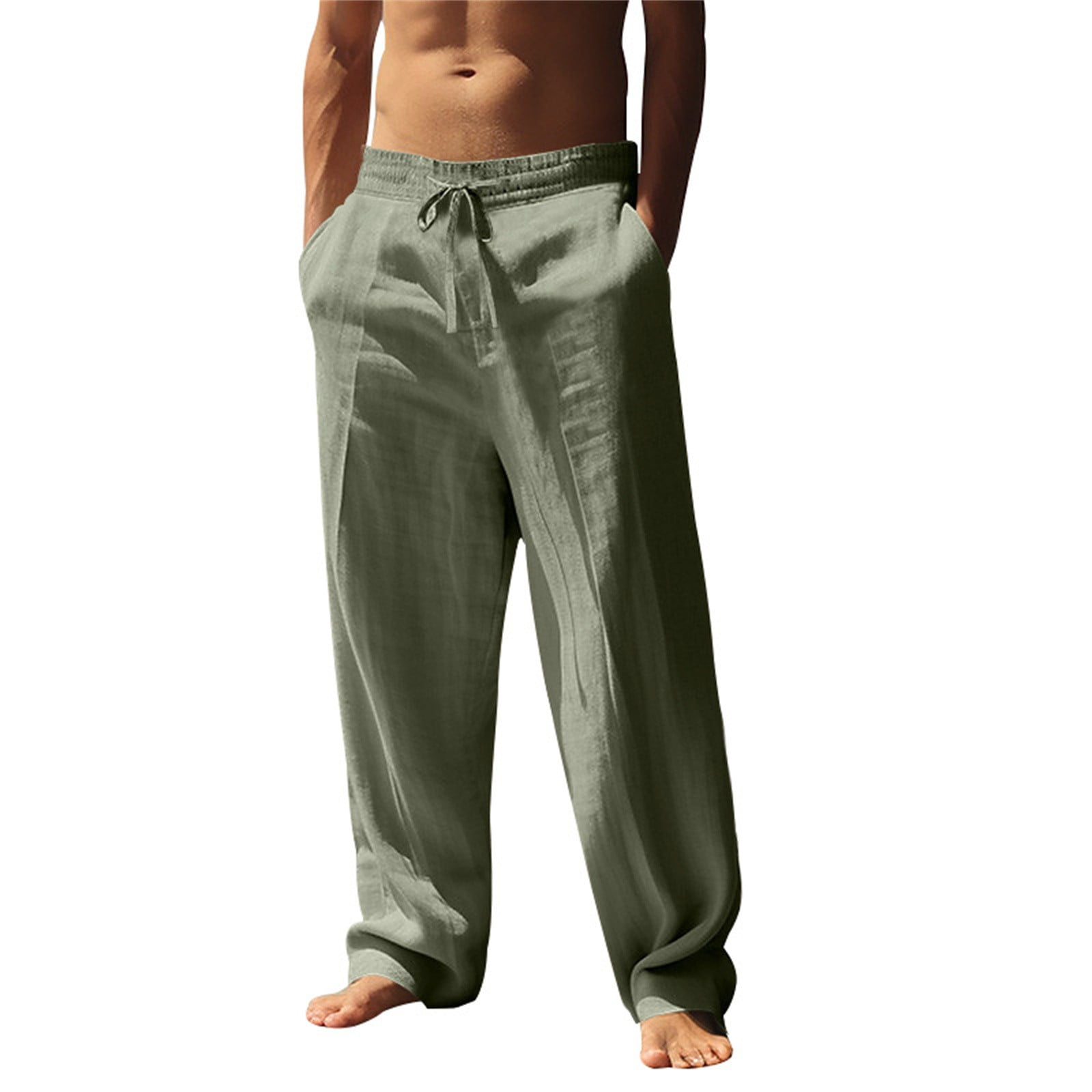 Biziza Linen Pants for Men 2025 Summer Green Beach Loose Straight Leg ...