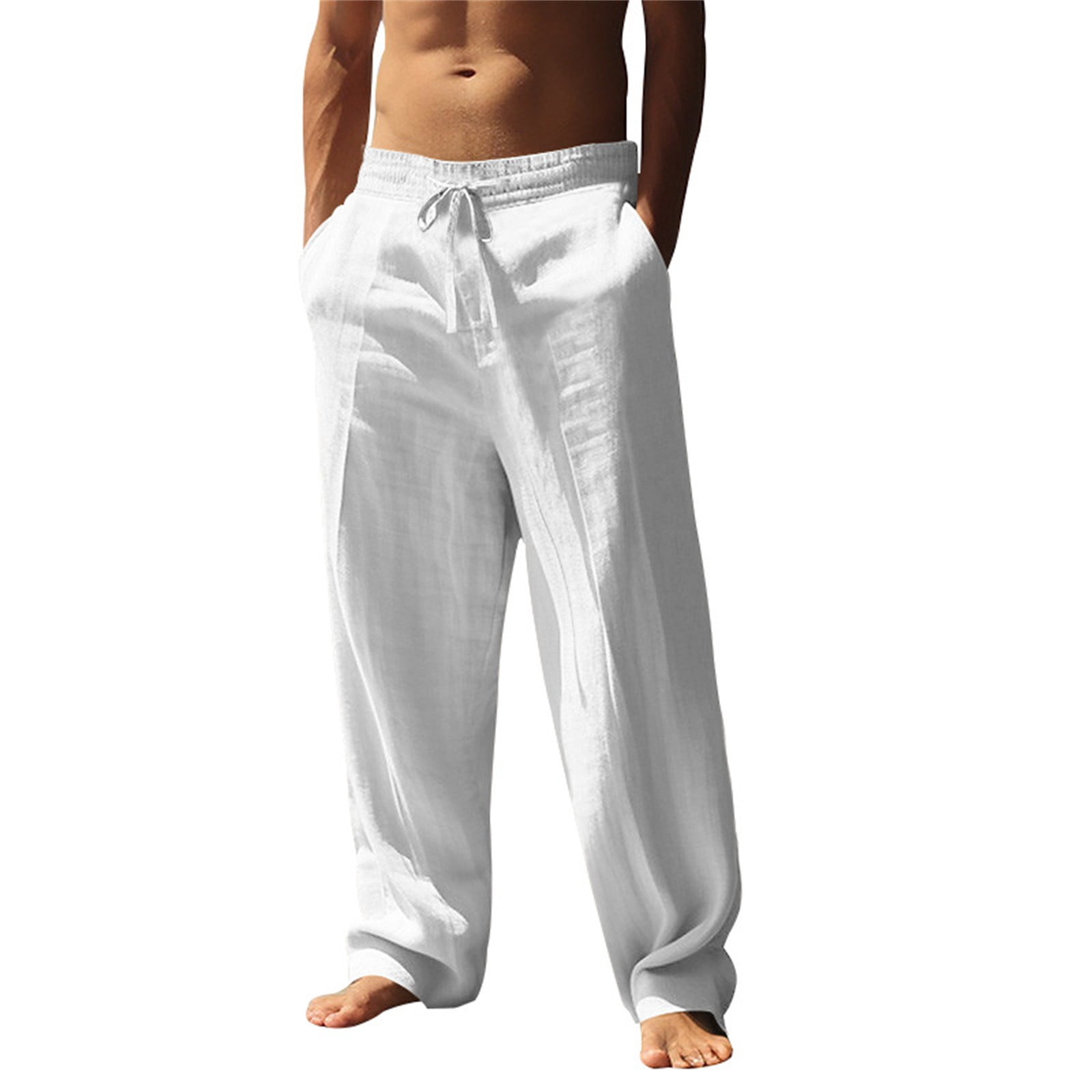 Biziza Linen Pants for Men 2025 Summer White Beach Loose Straight Leg ...