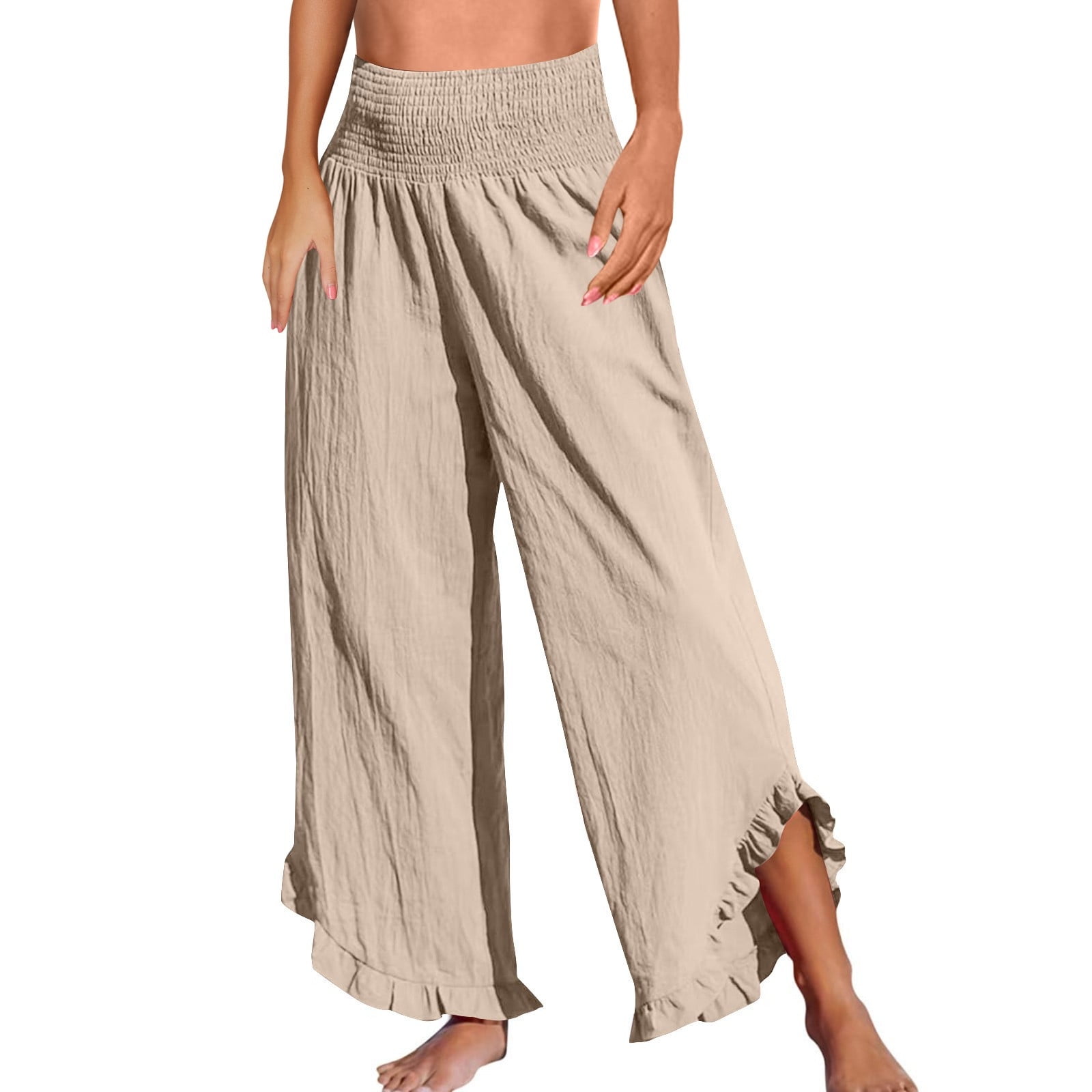 Biziza Linen Pants for Women Summer Loose Slim Fit Basic Casual Beige ...