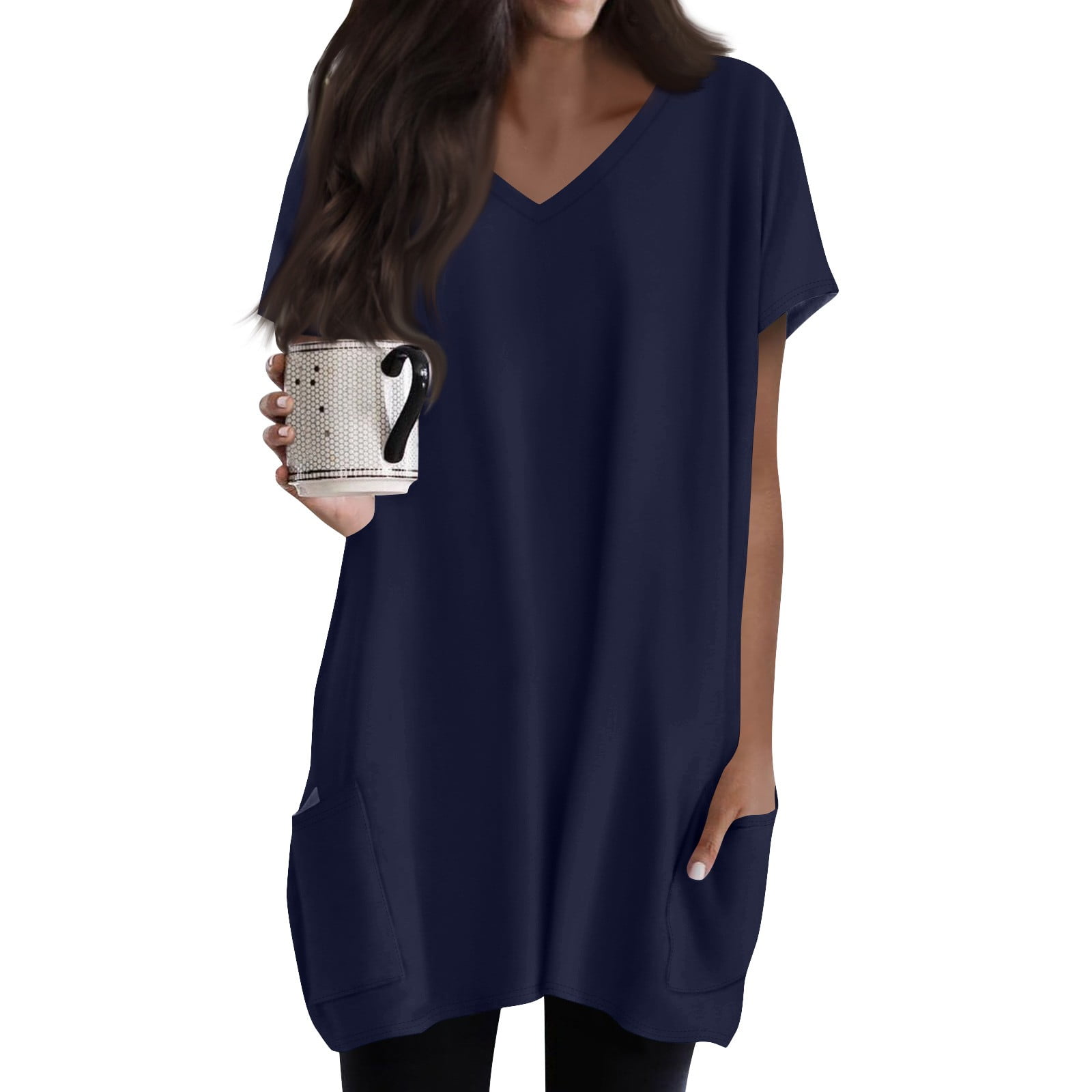 Biziza Long Tunic Tops for Women 2025 Trendy Short Sleeve Basic Blue ...