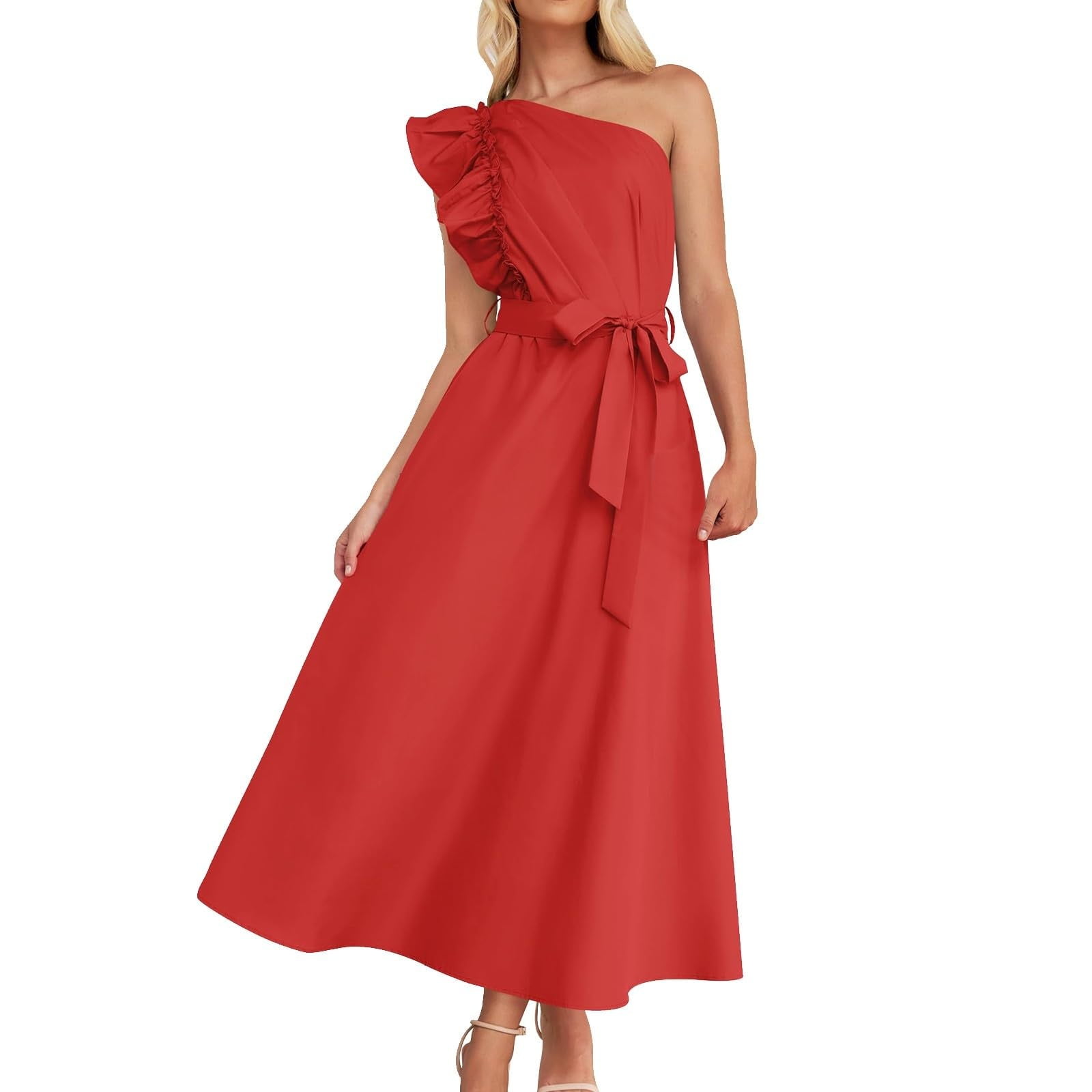 Biziza Maxi Dress for Women 2025 Red Flowy Dresses Chiffon off Shoulder ...