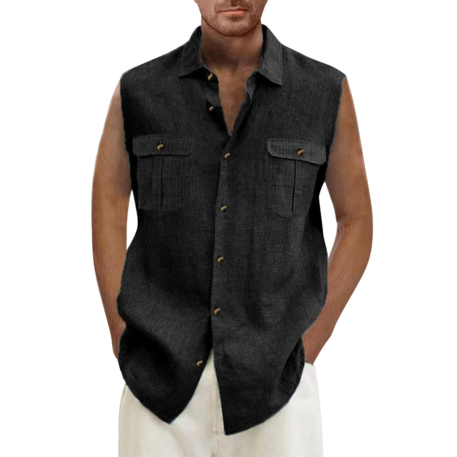 Biziza Men's Button Up Shirts with Pockets Button Down Tank Tops, Loose ...