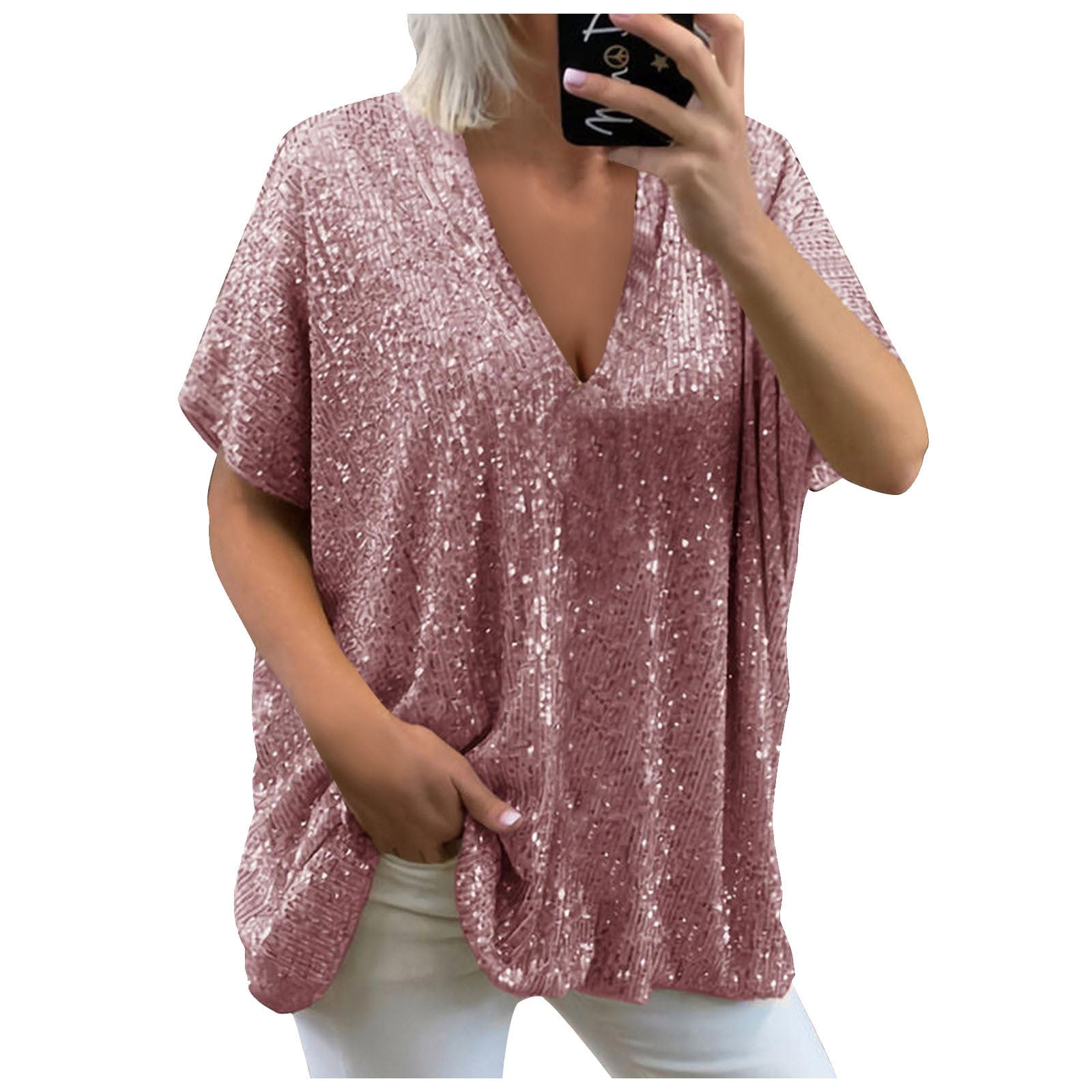 Biziza Pink Gray Gold Sequin Sparkly Tops For Women Ruched Asymmetrical