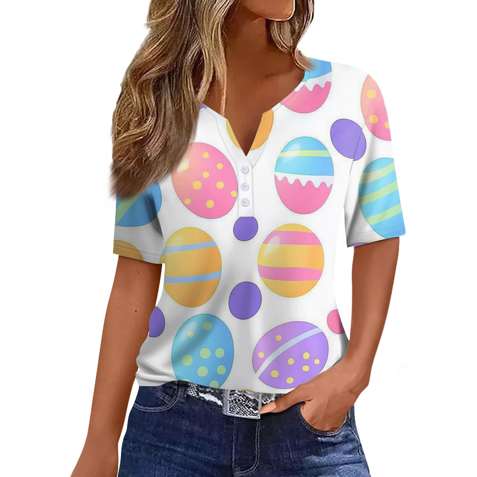 Biziza Easter Shirts for Women Stretch Cotton Polyester Purple Button ...