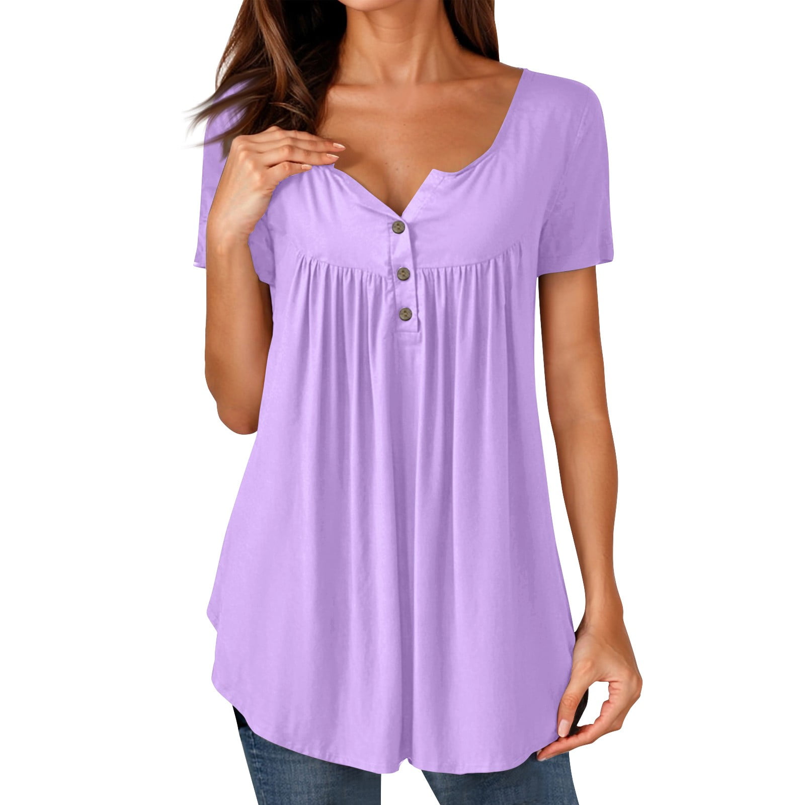 Biziza Purple Tunic Tops for Plus Size Women Summer 2025 Pleated Solid ...