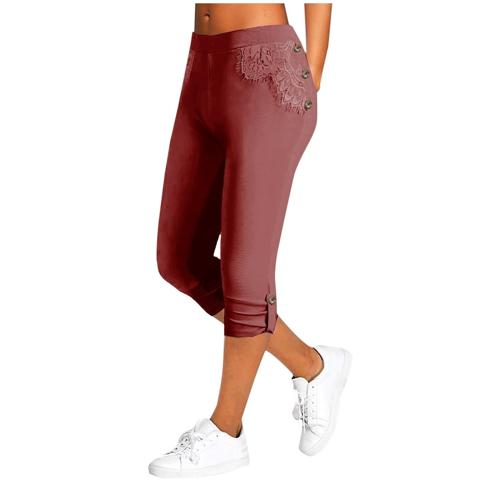 Biziza Red Capri Pants for Women Button Down Solid Color 2025 Yoga Slim ...