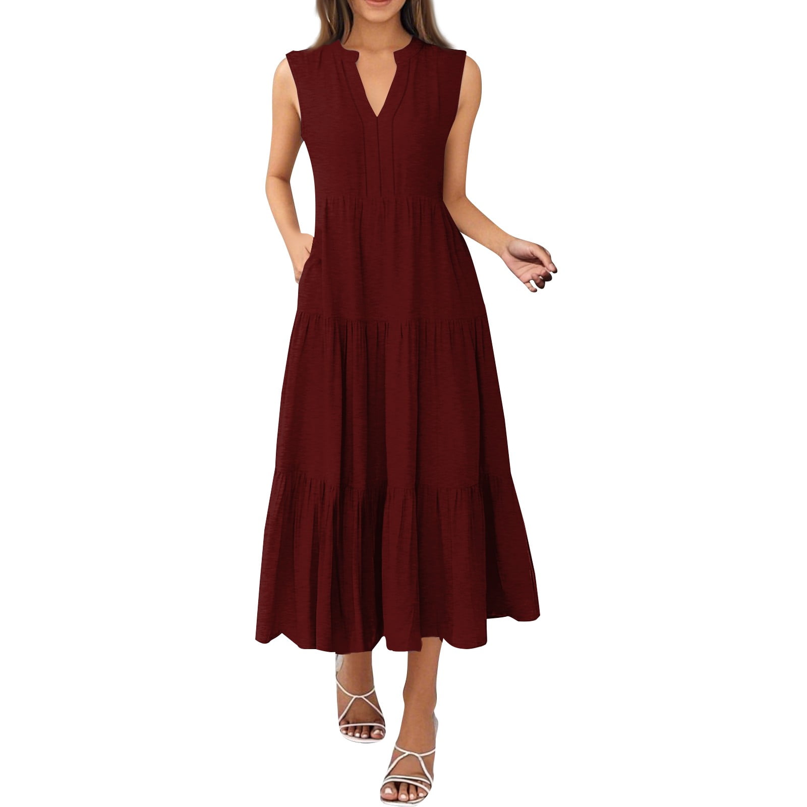 Biziza Red Maxi Dress for Summer Women Trendy Pleated Sleeveless Solid ...
