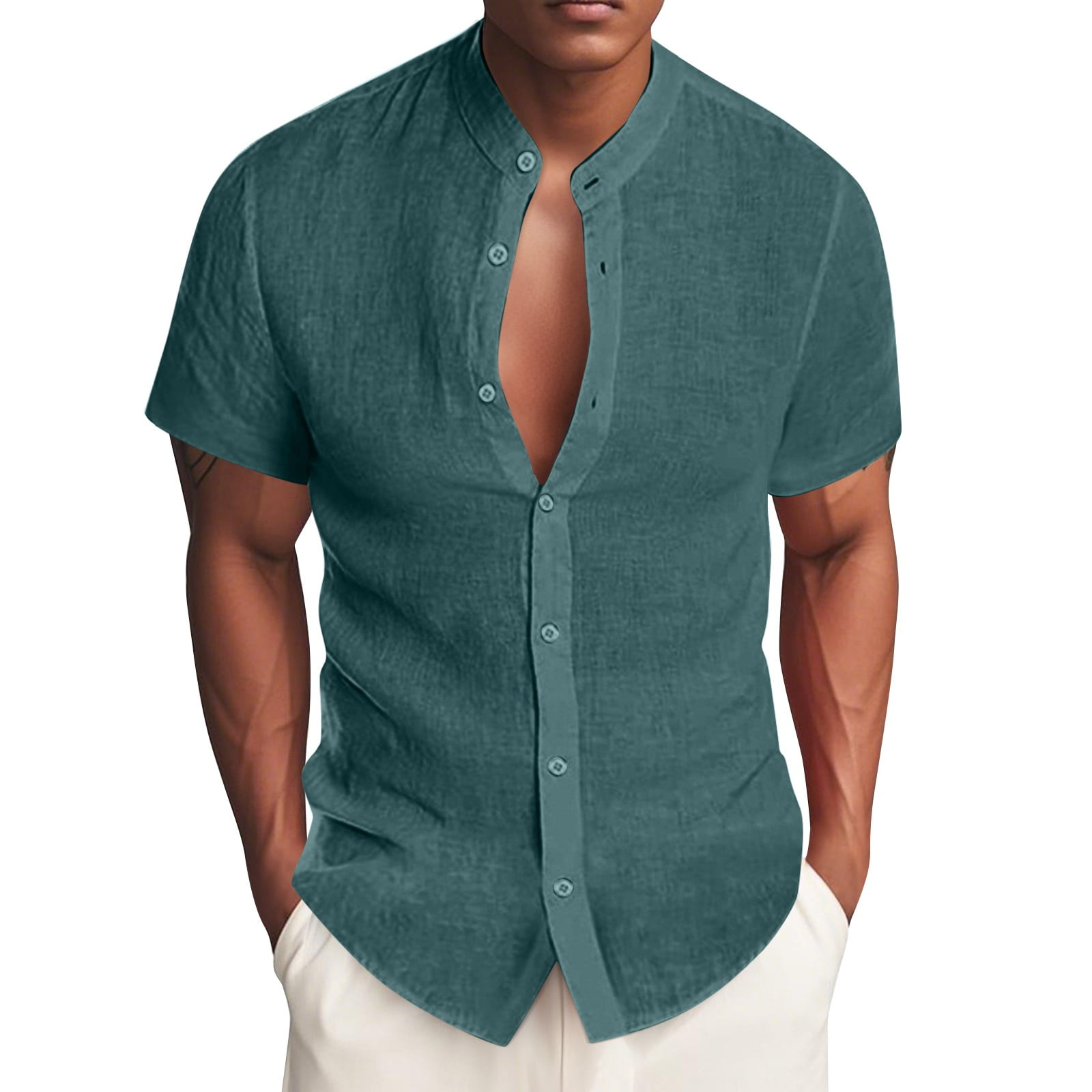 Biziza Short Sleeve Button Down Shirts Men 2025 Blue Basic Button Down Casual Work Blouses Band ...