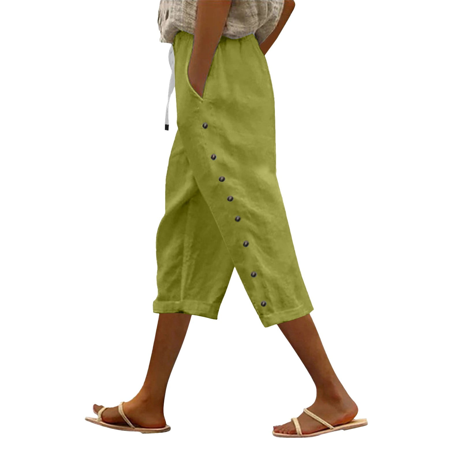 Biziza Solid Color Linen Capri Pants for Women Baggy Loose Straight Leg ...