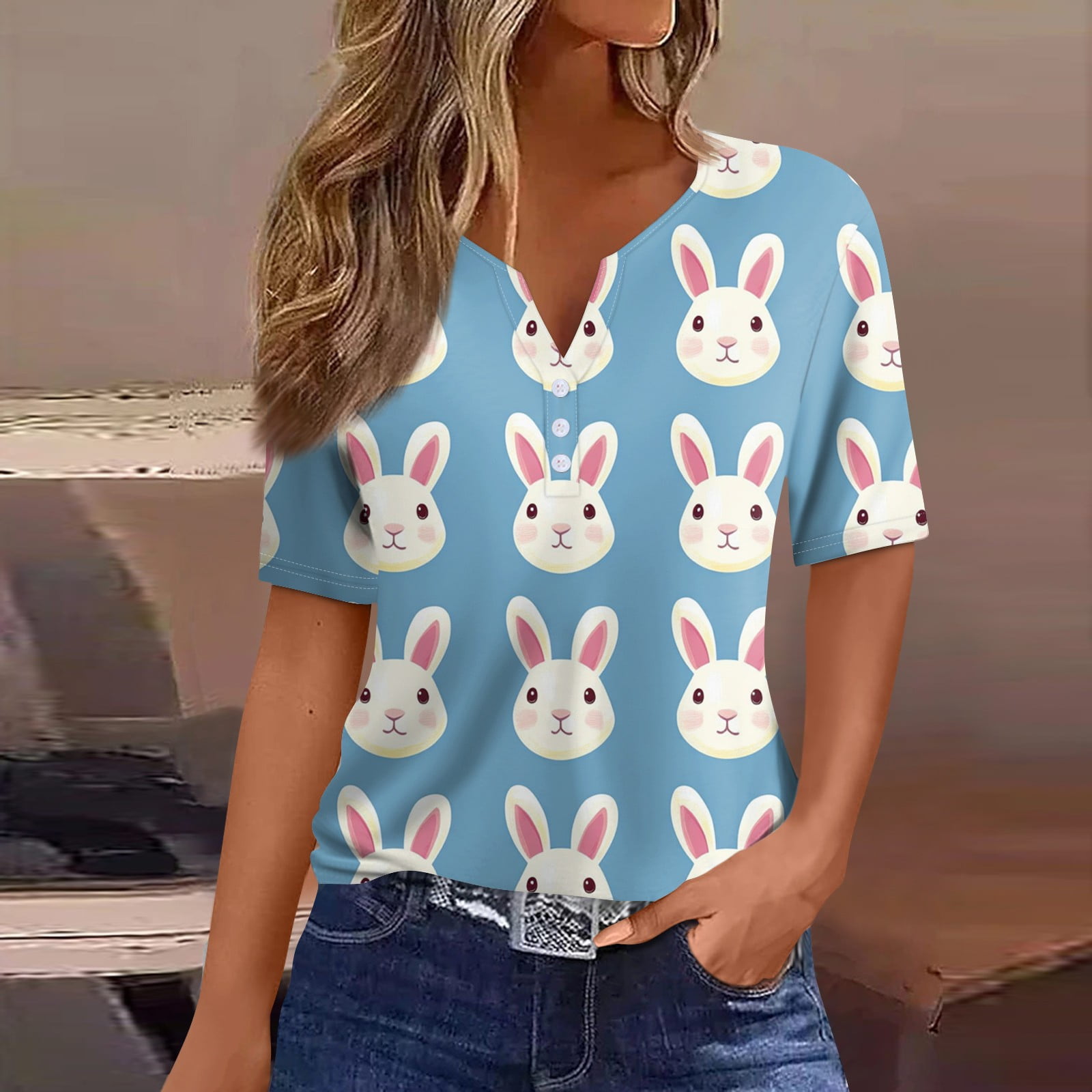 Biziza Easter Shirts for Women Stretch Cotton Polyester Blue Basic ...