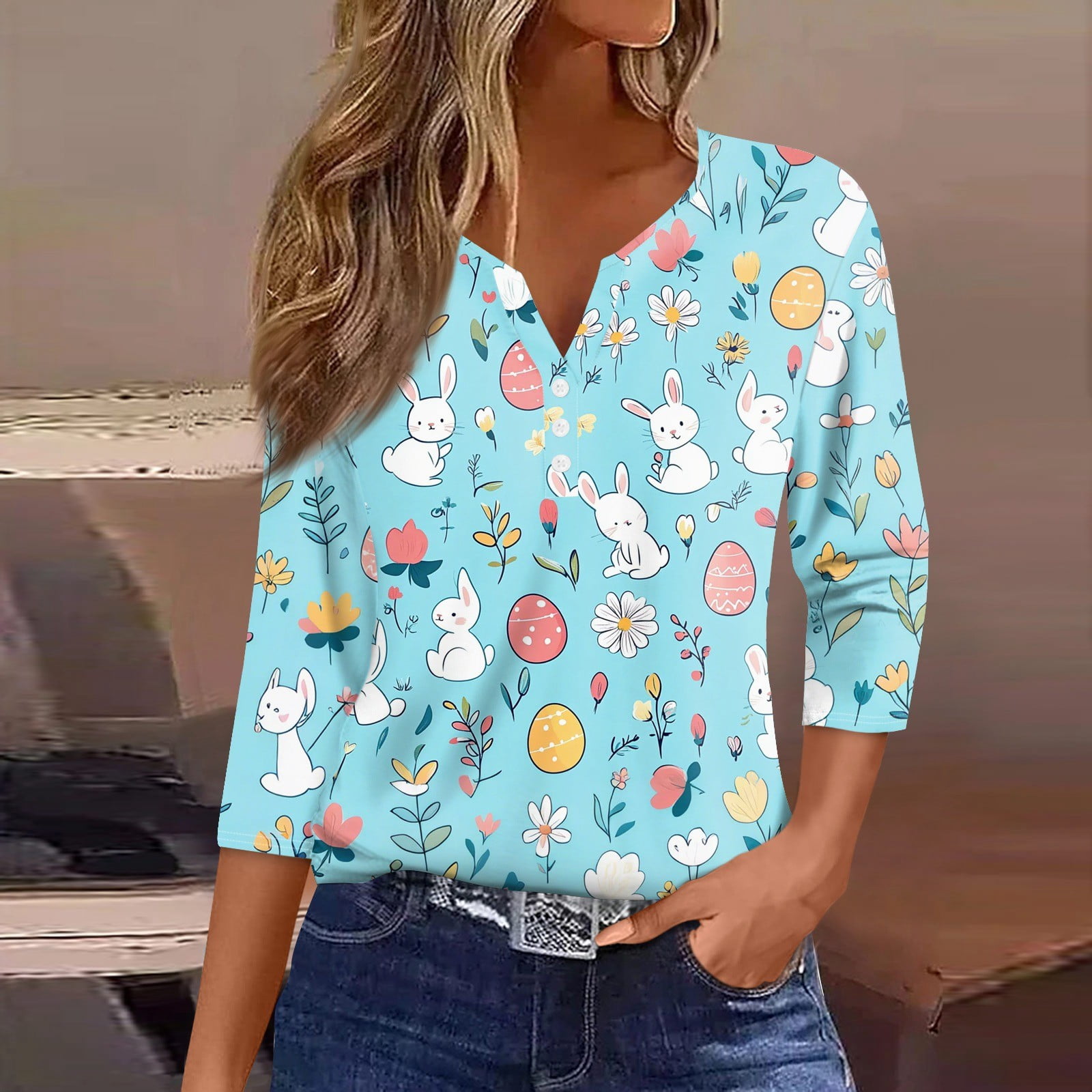 Biziza Easter Tops for Women Button Down Blue Basic Bunny Stretch ...