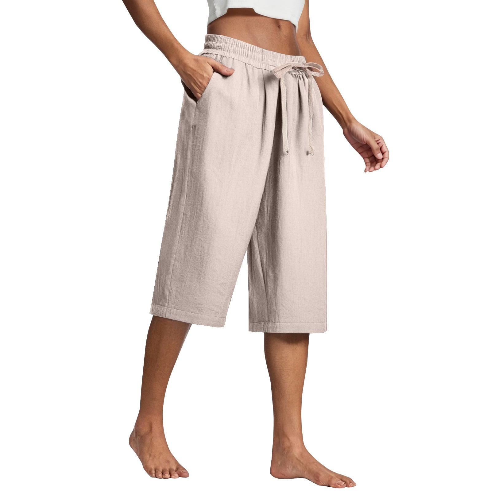 Biziza Summer Linen Capri Pants for High Waisted Women Beige Loose Trendy Lightweight 2025 ...