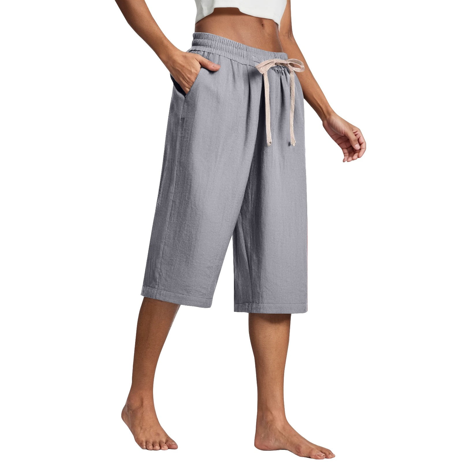 Biziza Summer Linen Capri Pants for High Waisted Women Gray Loose Trendy Lightweight 2025 ...