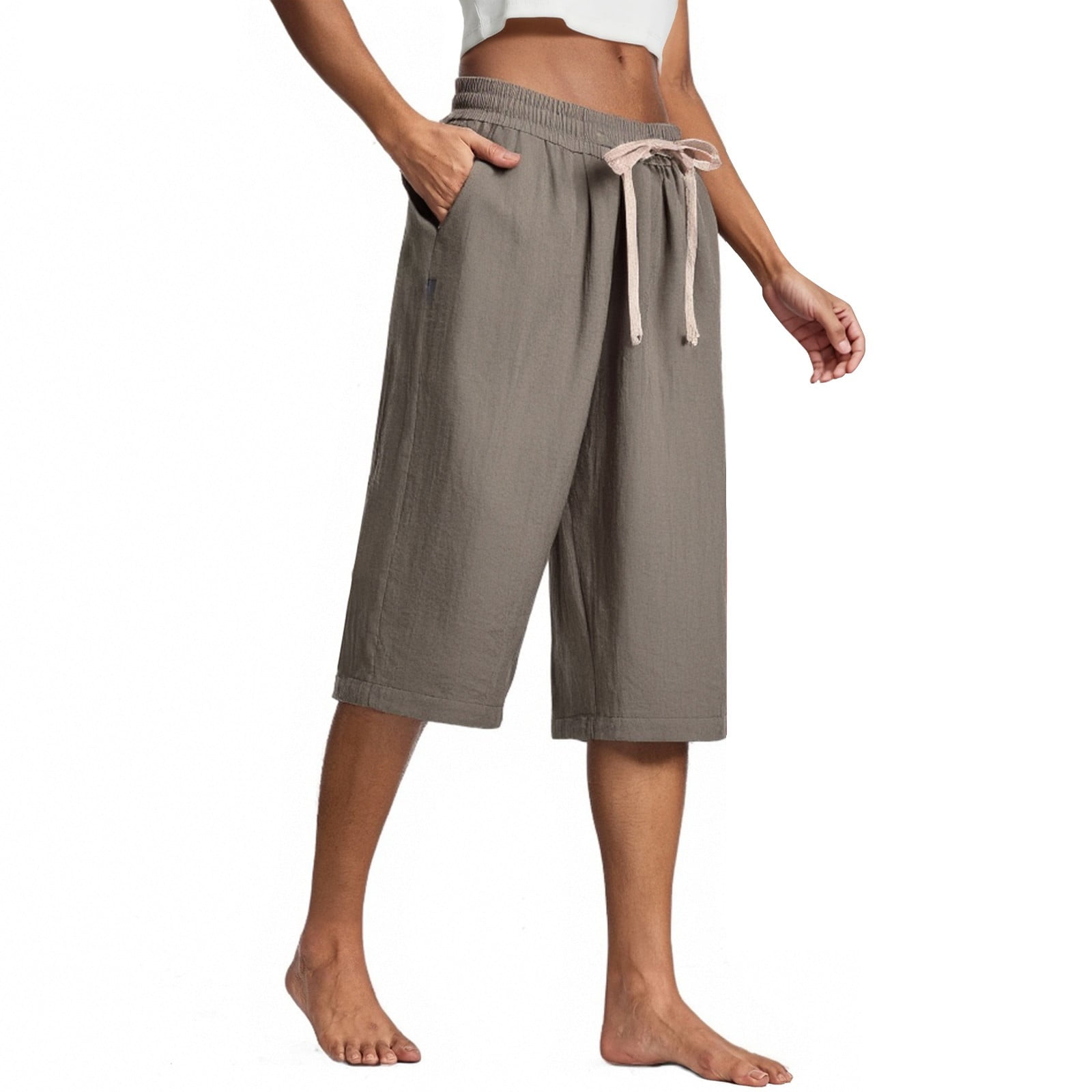 Biziza Summer Linen Capri Pants for High Waisted Women Green Loose ...