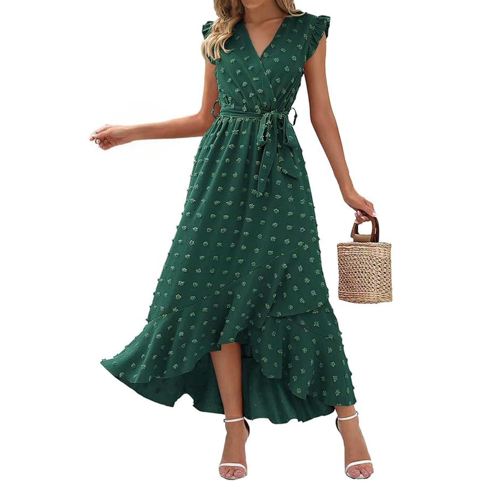 Biziza Trendy Maxi Dress for Summer Women Green 2025 Ruffle Sleeve ...