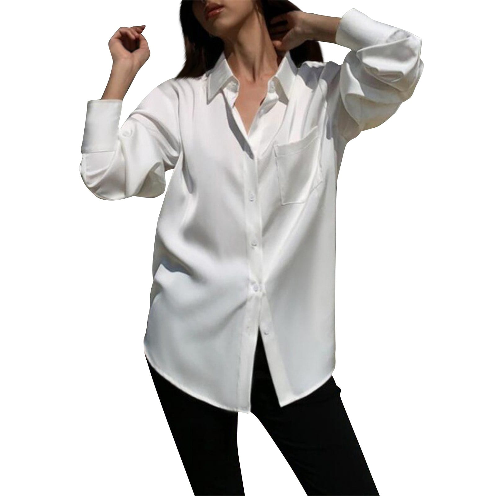 Biziza White Button Down Shirts for Women 2025 Long Sleeve Loose Long ...