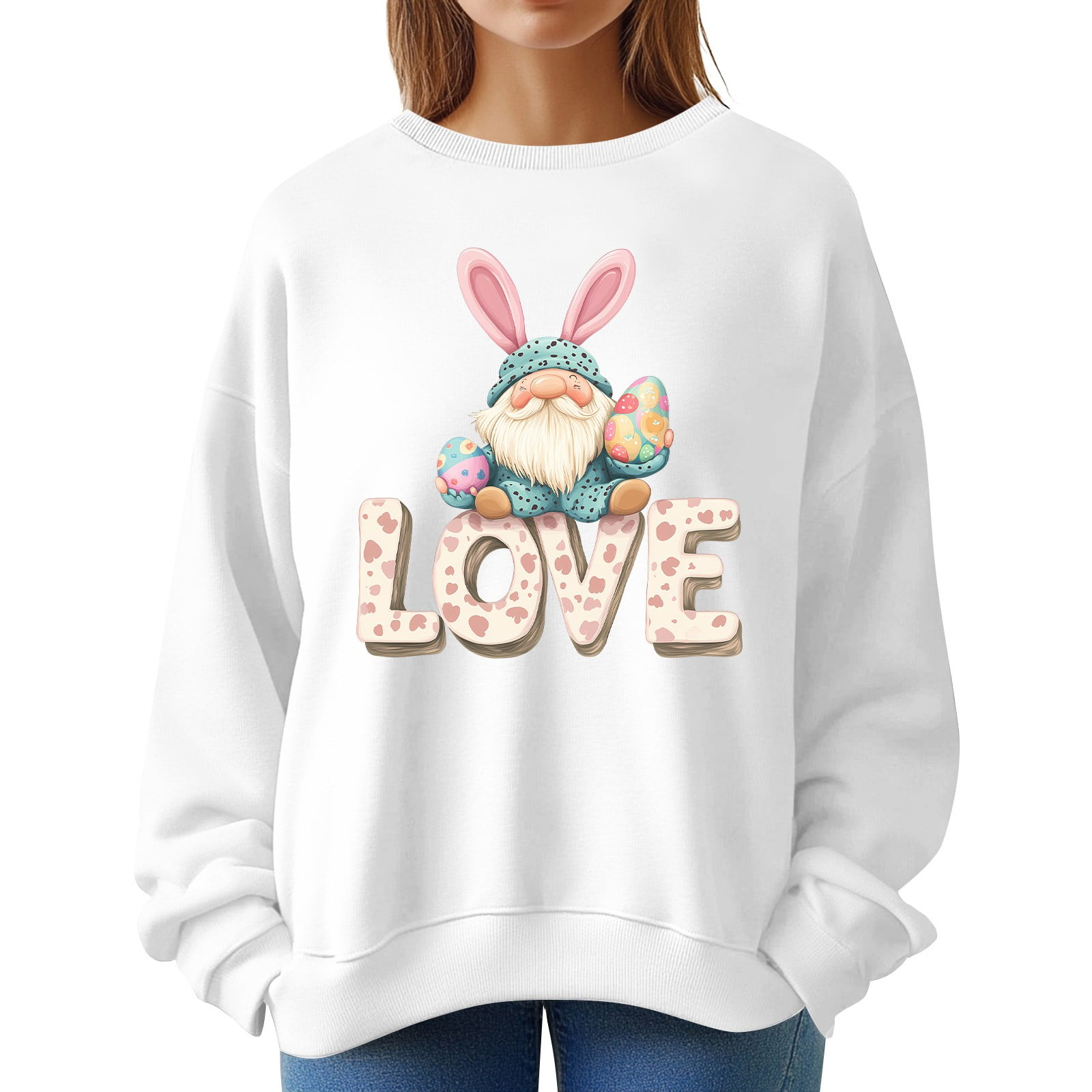 Biziza Easter Sweatshirts for Women White Oversized Loose Bunny Spring ...