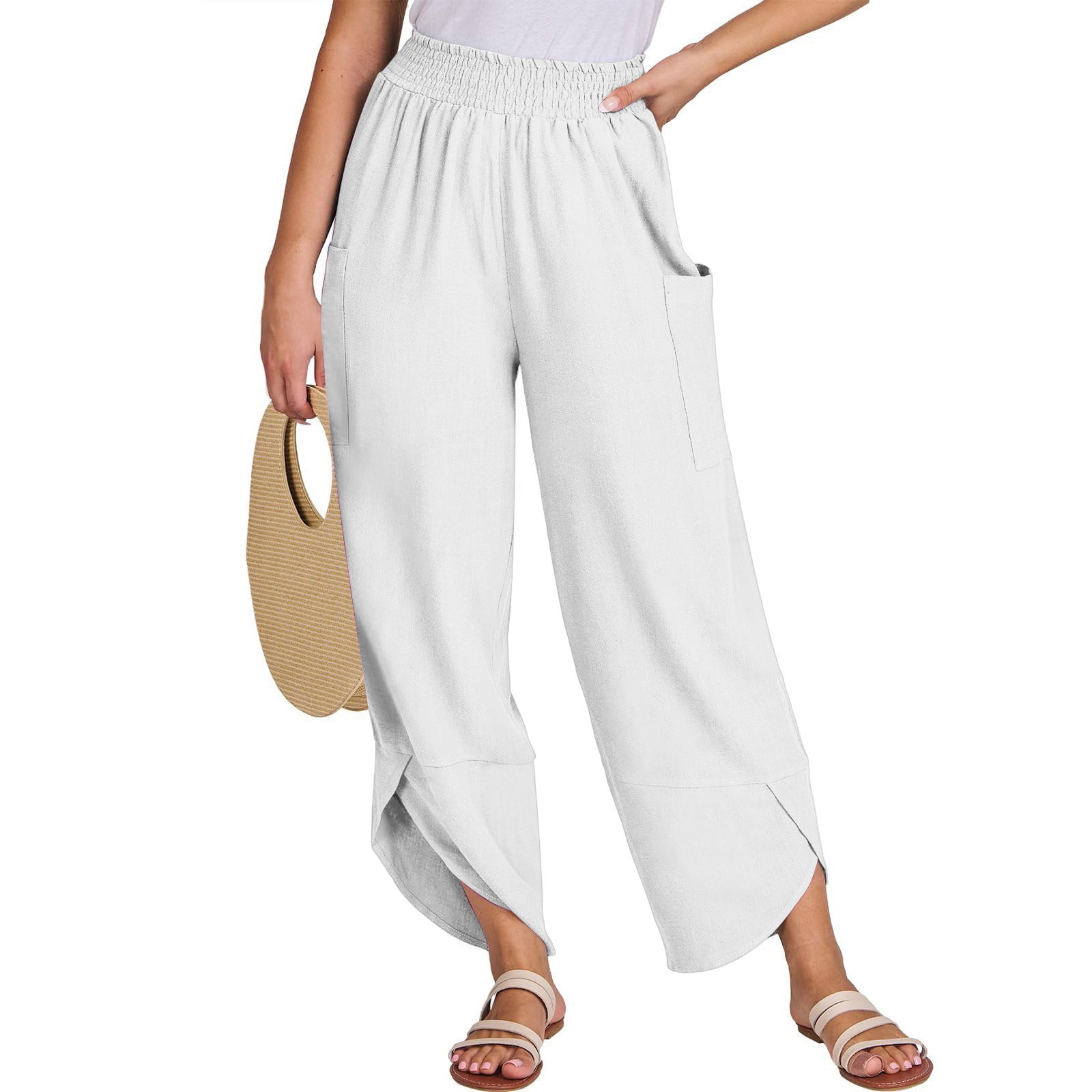Biziza White Linen Capri Pants for Women High Waisted Wide Leg 2025 ...