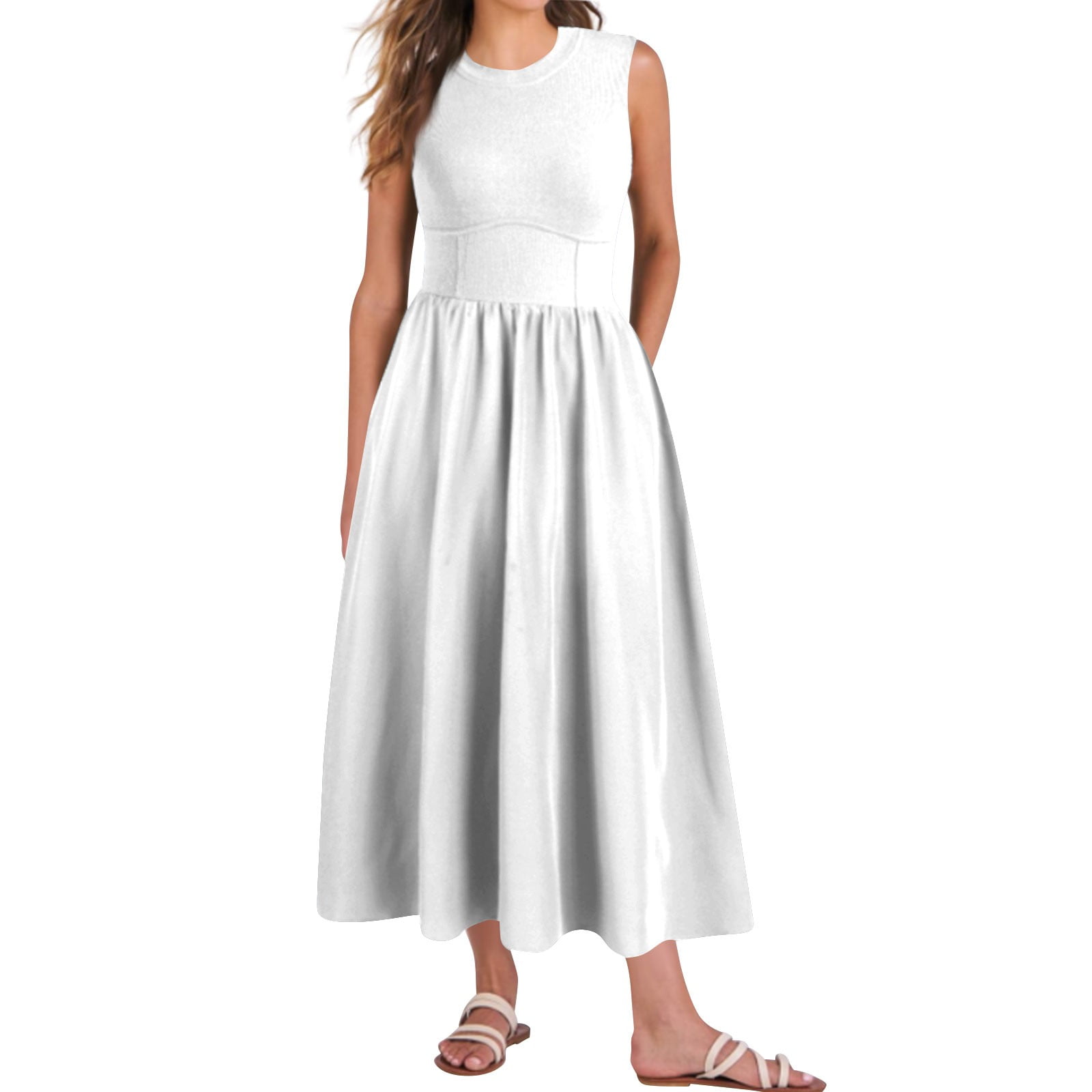 Biziza White Maxi Dress for Women Trendy 2025 2025 Long Basic Solid Color Sleeveless Flowy ...