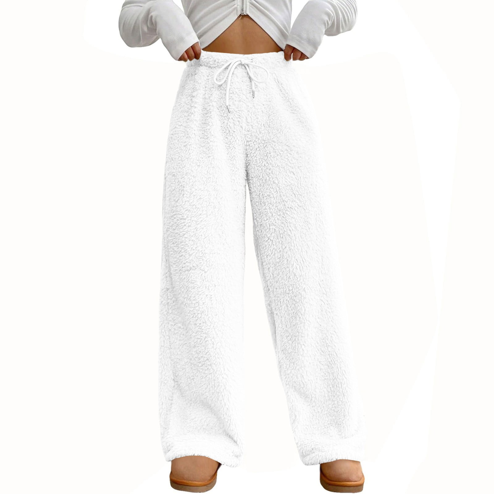 Biziza White Sweatpants for Women 2025 Trendy Fuzzy Thermal Warm Baggy ...
