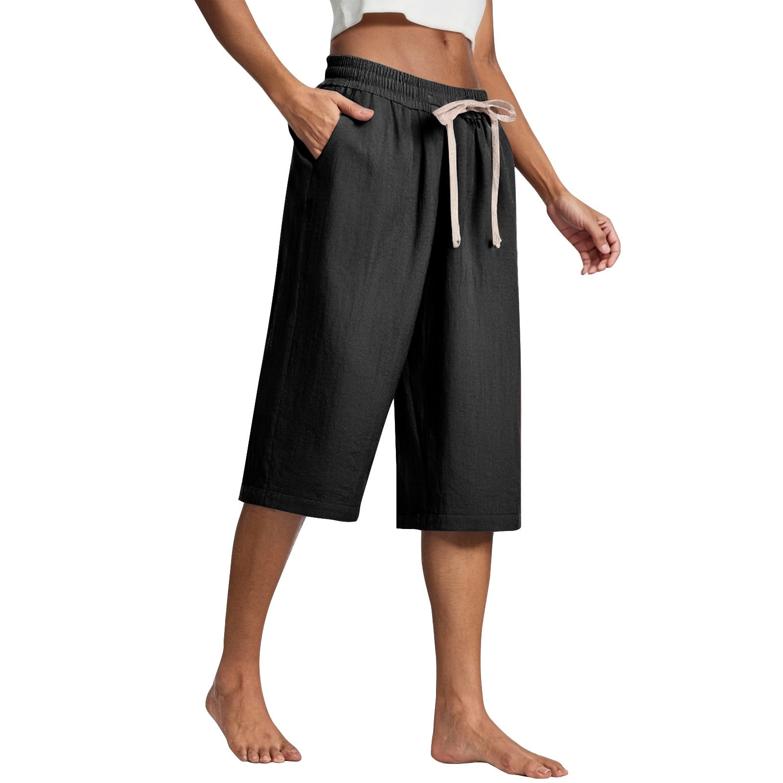 Biziza Wide Leg Capris Pants for Women Cropped Summer High Waisted ...