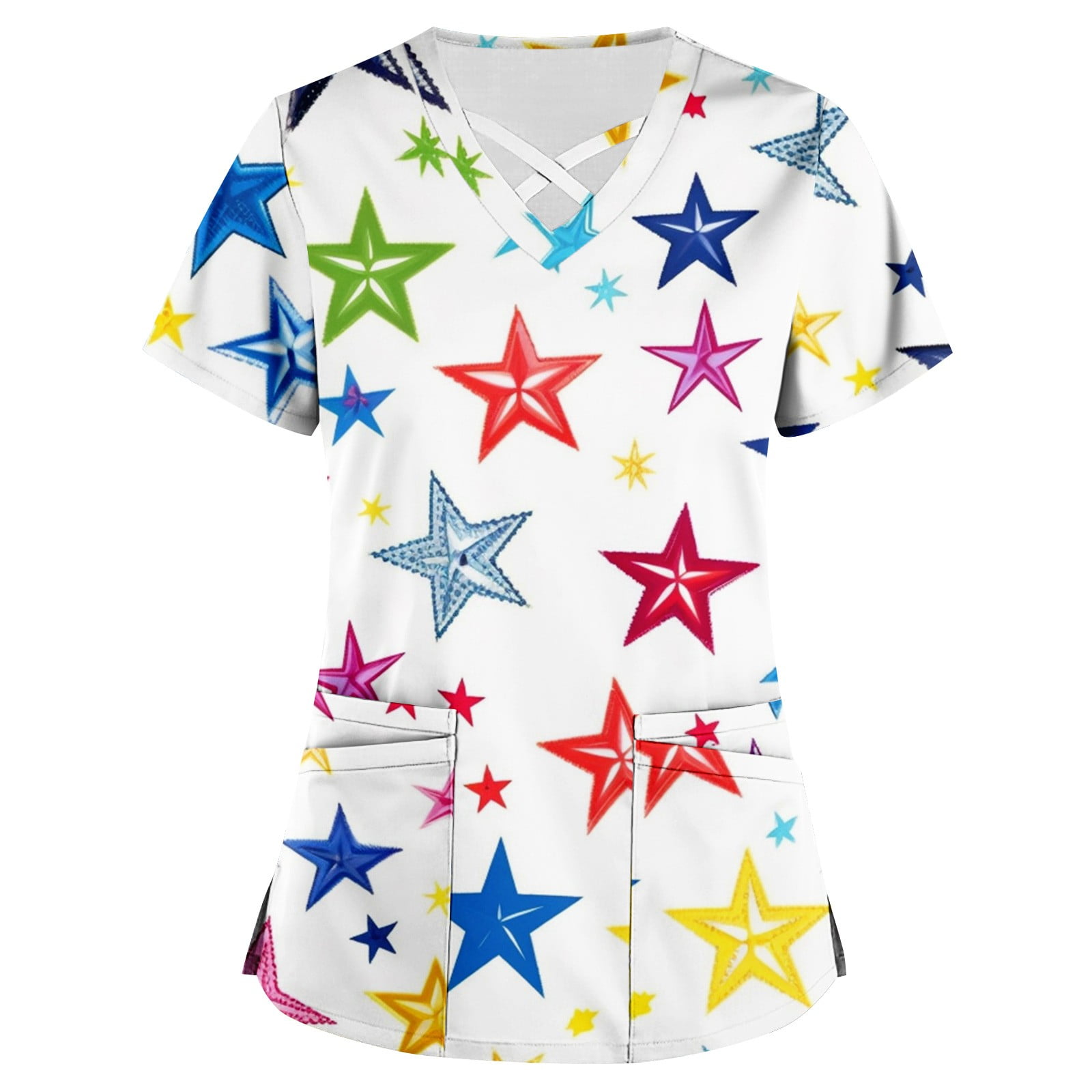 Biziza Women Plus Polka Dot Star Print Scrub Tops Uniforms Short Sleevel Basics Nursing Soft