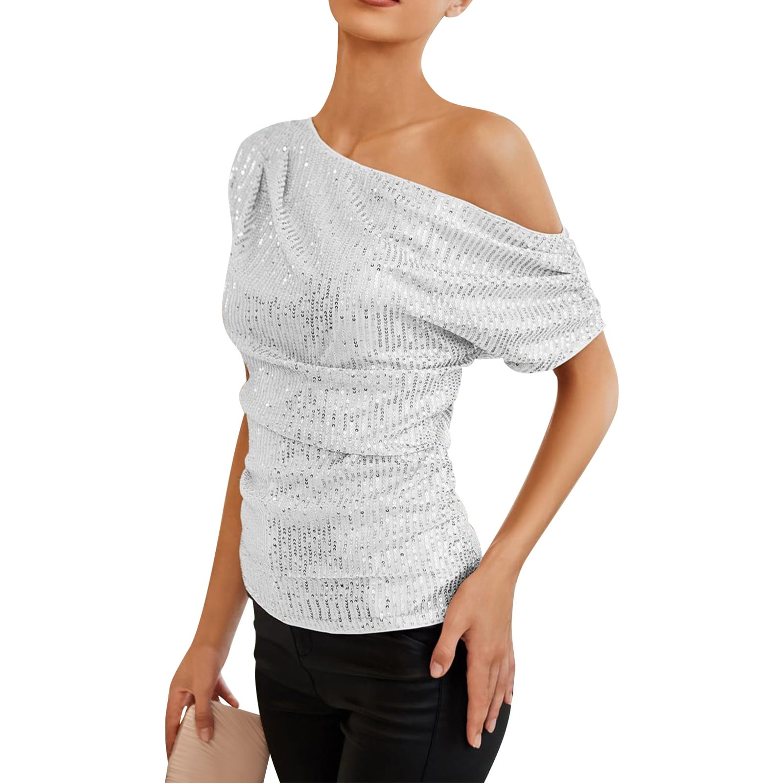 Biziza Women Sequin Shirts Short Sleeve Sequin Shirts Glitter Party
