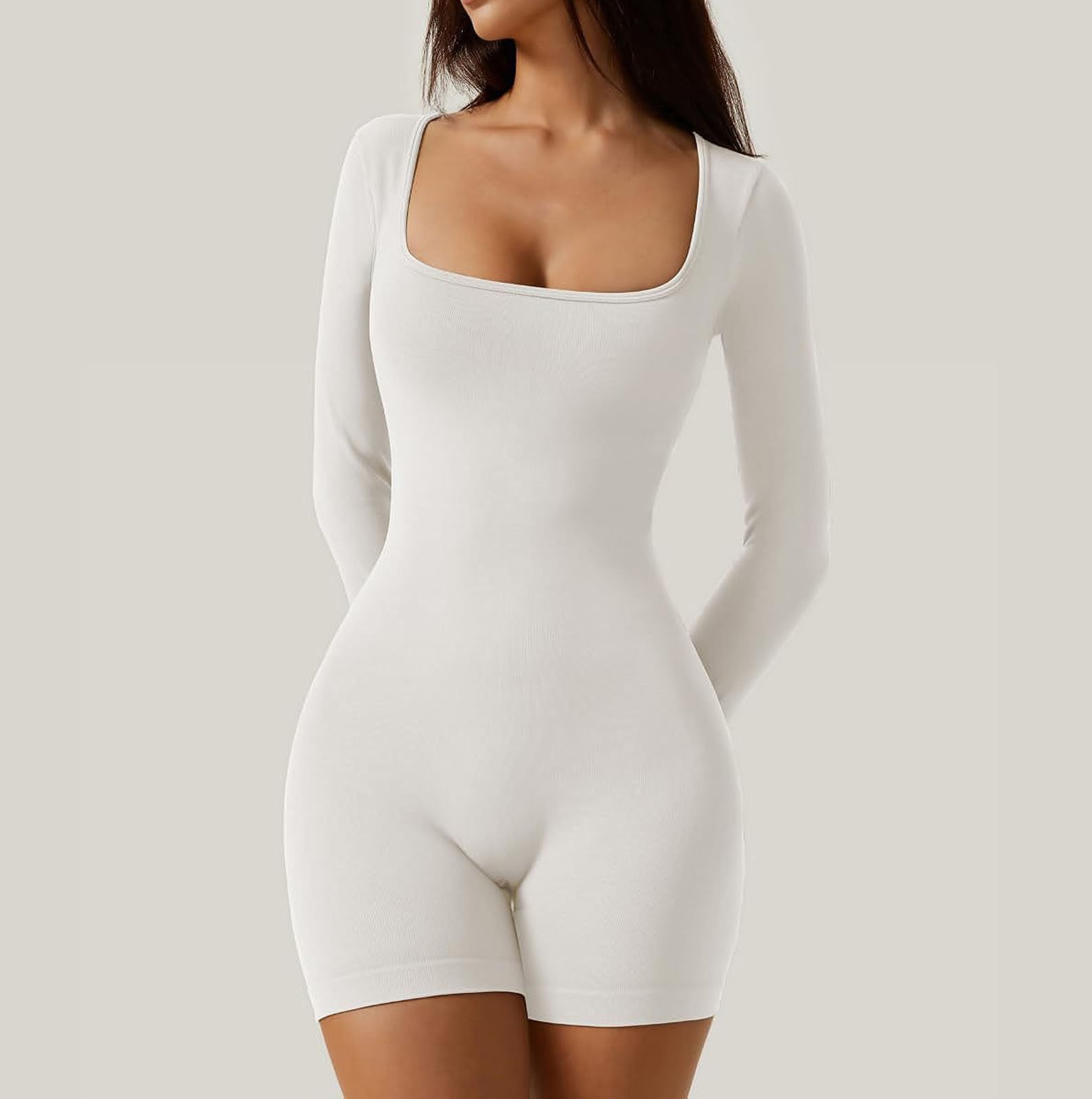 Biziza Women Workout Seamless Jumpsuit Square Neck Long Sleeve Yoga
