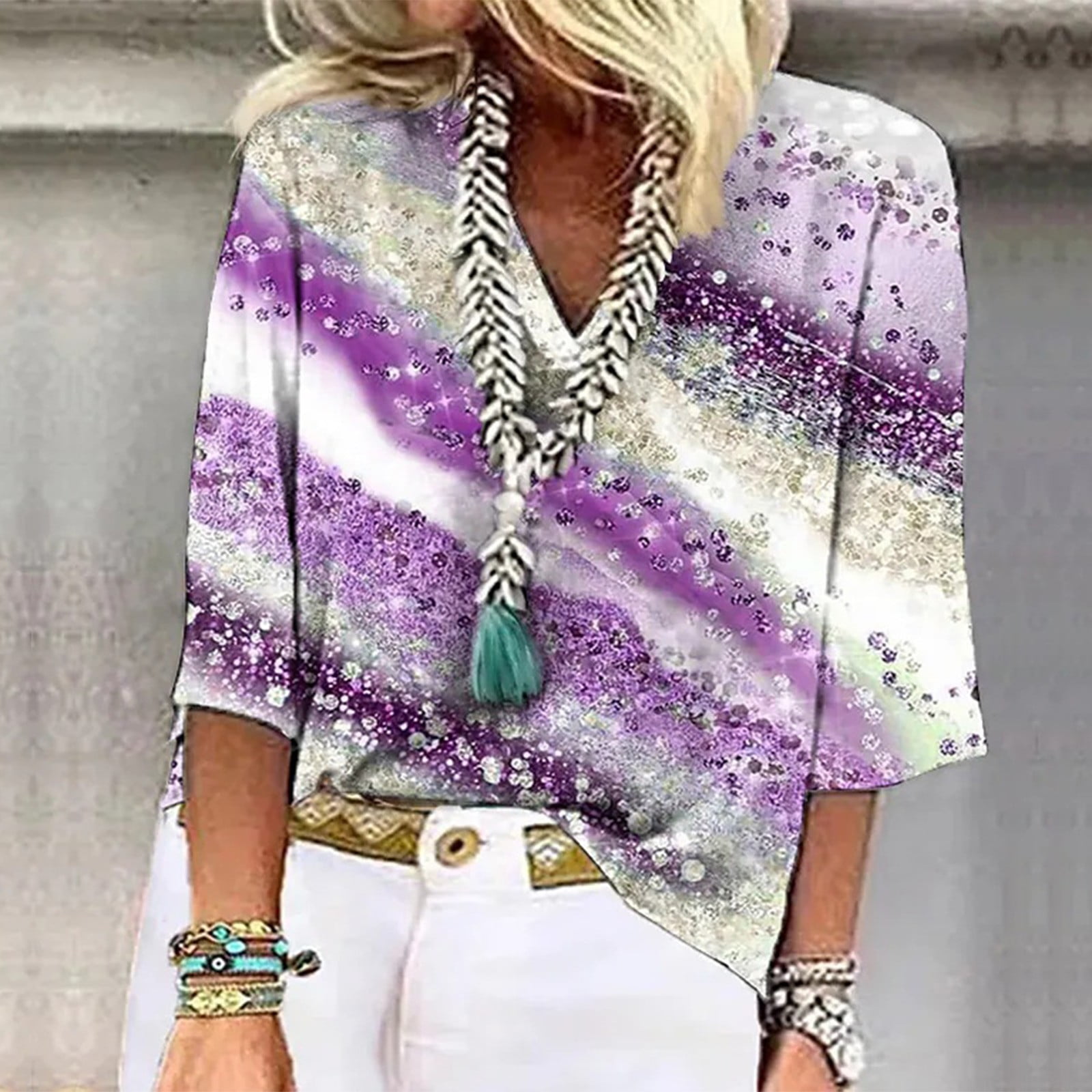 Biziza Women's Blouses Loose Fit 3/4 Sleeve Plus Size Fall Tops Graphic ...