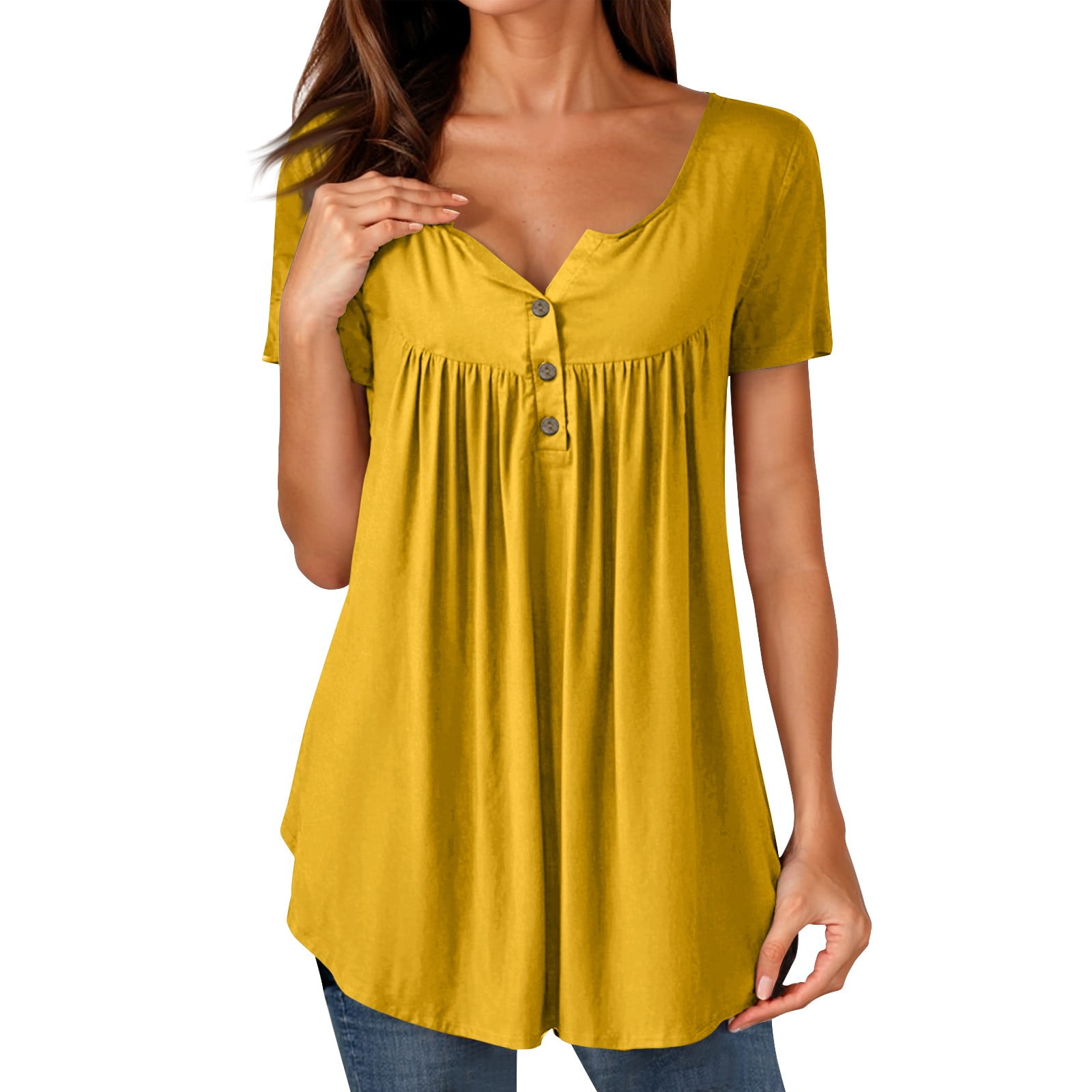 Biziza Yellow Tunic Tops for Plus Size Women Summer 2025 Pleated Solid ...