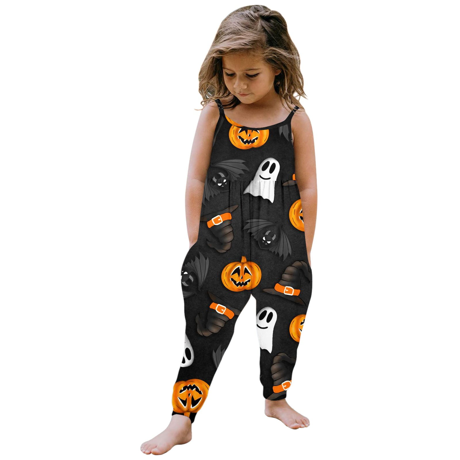 Bjutir Baby Girl Halloween Outfit Pumpkin Print Jumpsuit Sleeveless Sling Comfortable Soft Fall ...